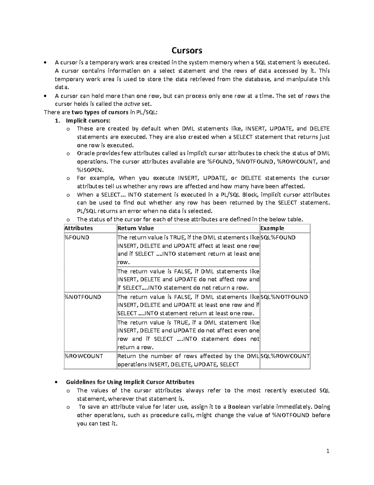 Cursor New Notes Cursors A Cursor Is A Temporary Work Area Created In The System Memory When