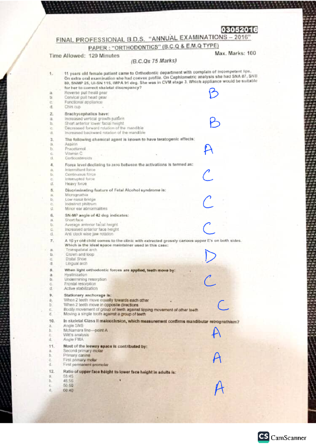 Ortho Proff 2016 pdf 241106 015105 - 03052016 FINAL PROFESSIONAL B.D. EXAMINATIONS PAPER : (B.C ...