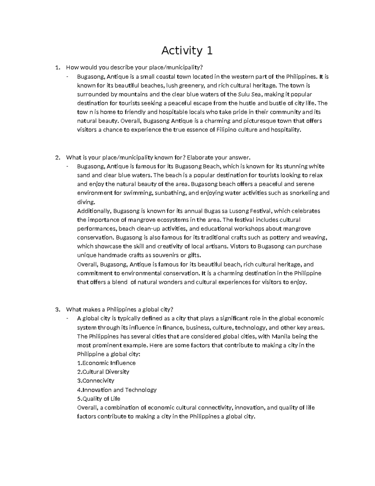 GEC 106 Worksheet 2 - N/A - Activity 1 1. How would you describe your ...