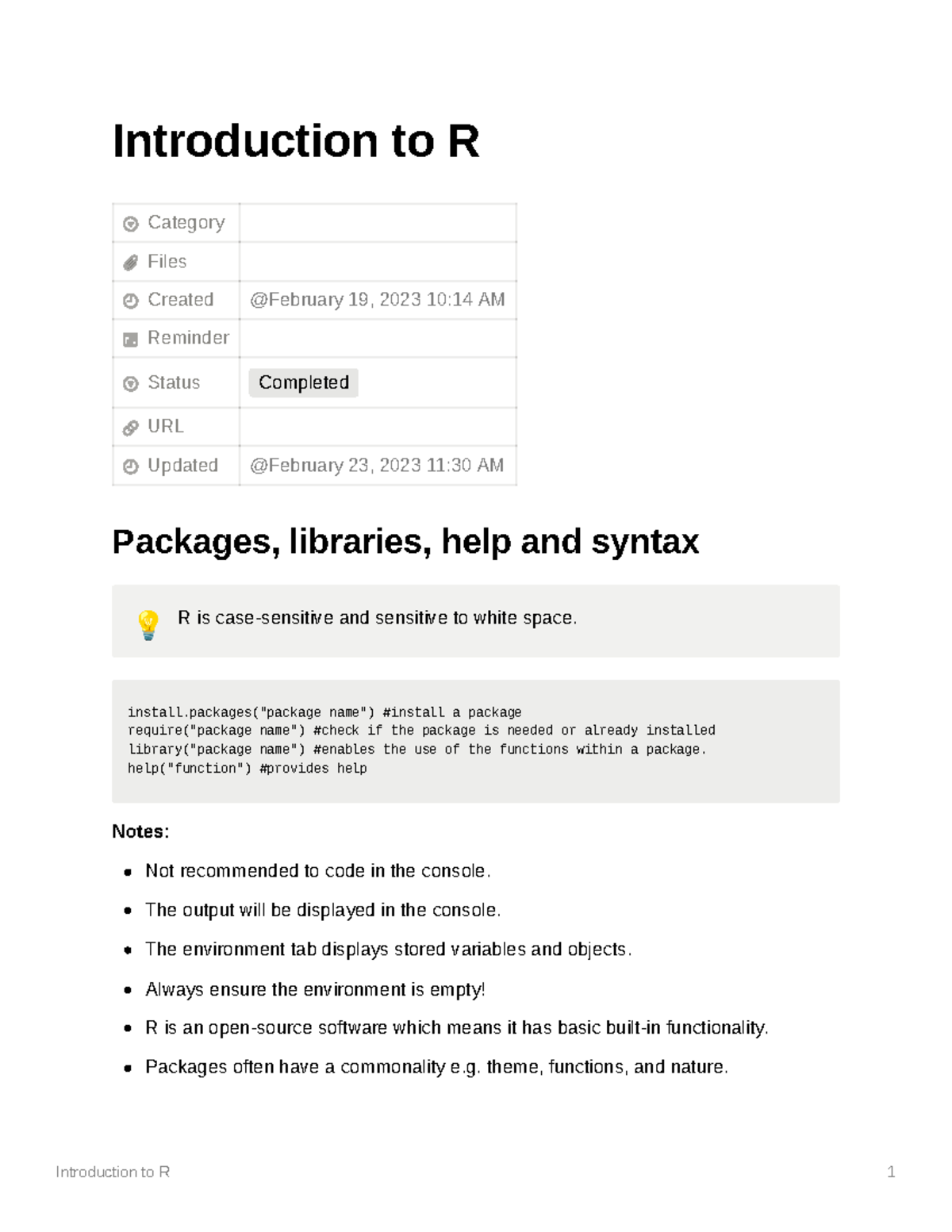 Introduction to R - Introduction to R Category Files Created Reminder ...