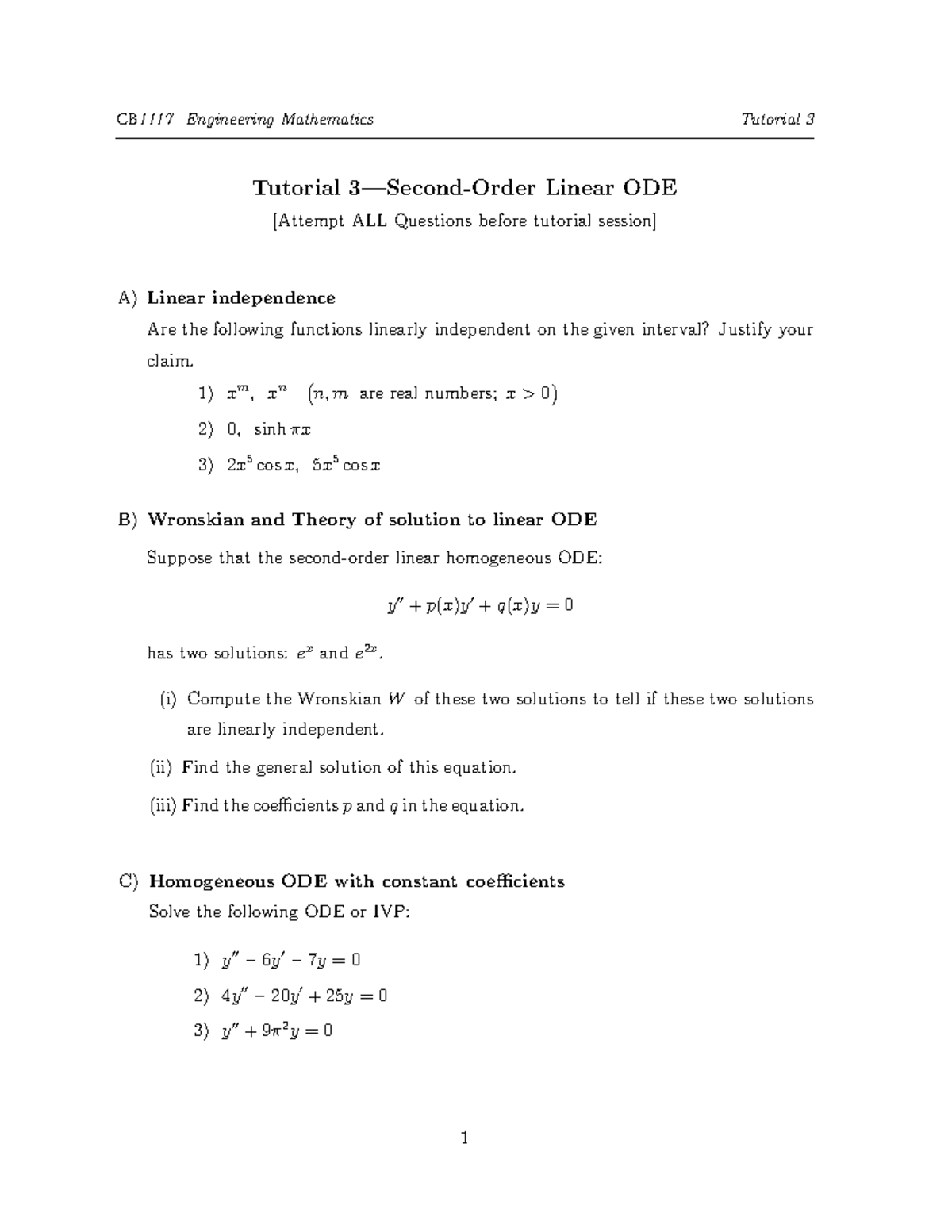 Tut 3 - Second ODE - Tut 3 - CB 1117 Engineering Mathematics Tutorial 3 Tutorial 3—Second-Order ...