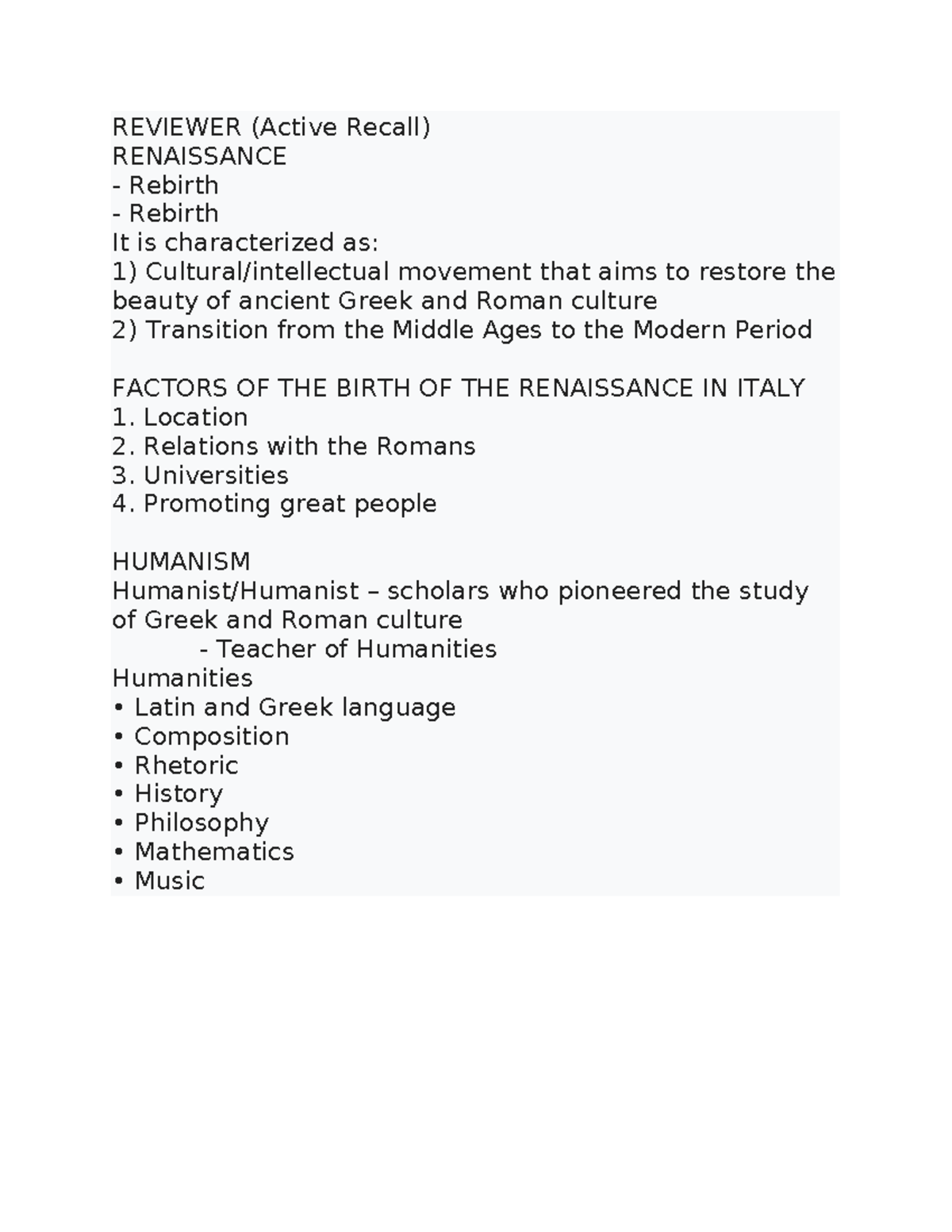 Renaissance and Humanism - REVIEWER (Active Recall) RENAISSANCE Rebirth ...