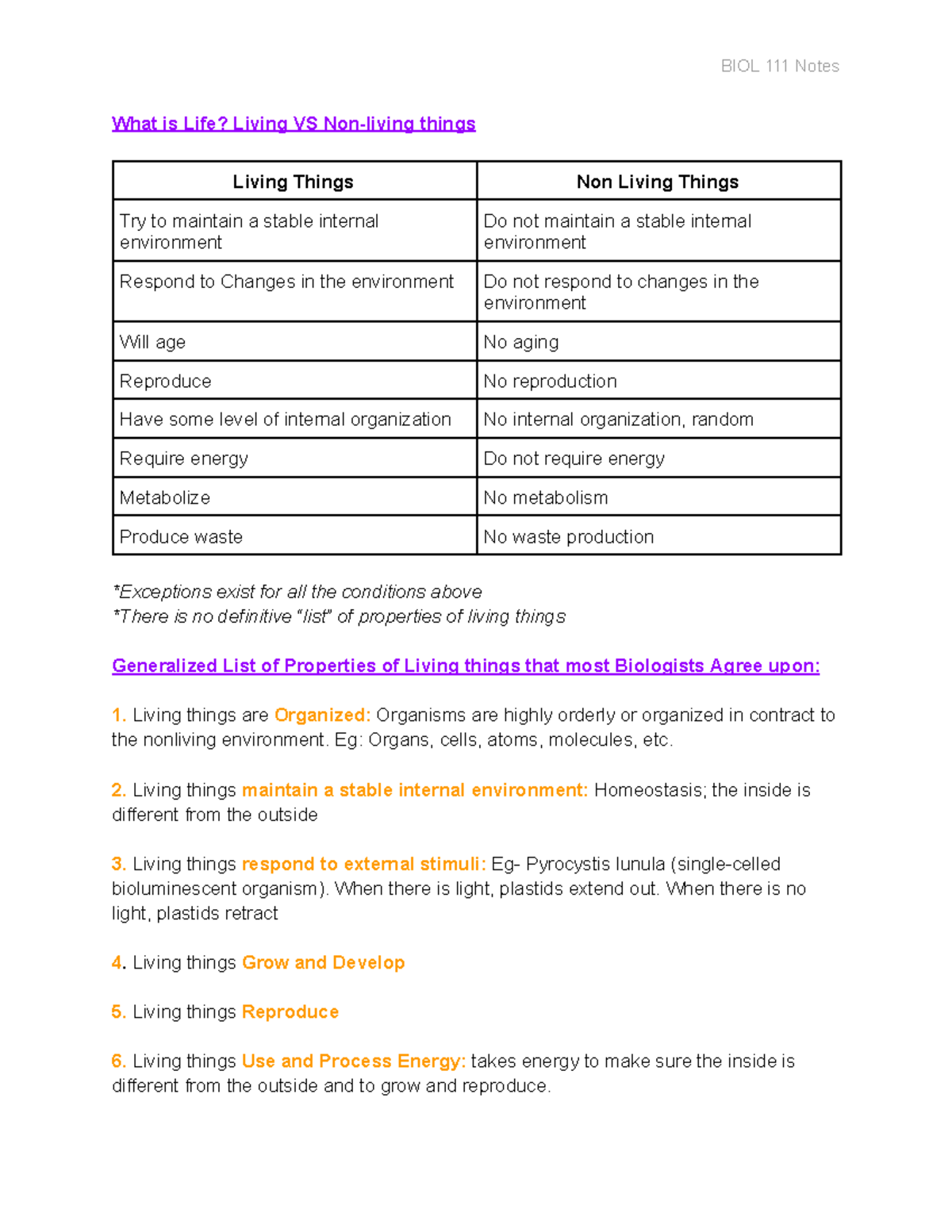 BIOL 111 Notes- full - What is Life? Living VS Non-living things Living ...