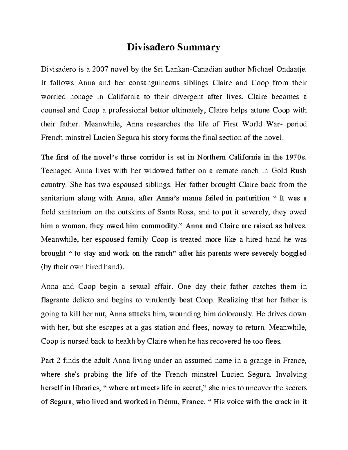 Divisadero Summary - Divisadero Summary Divisadero is a 2007 novel by ...