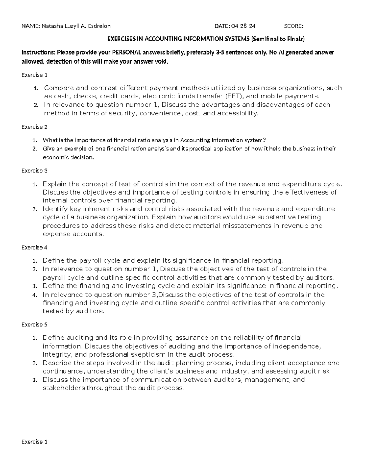Esdrelon - AIS- Exercises - NAME: Natasha Luzyll A. Esdrelon DATE: 04 ...