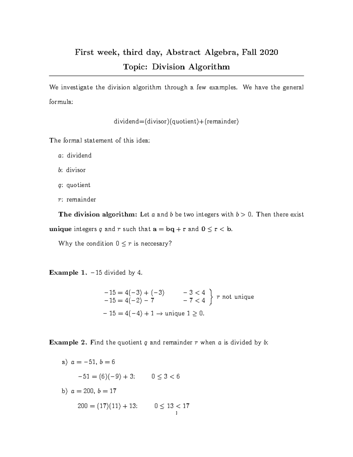 Note3 - Division Algorithm - First week, third day, Abstract Algebra ...