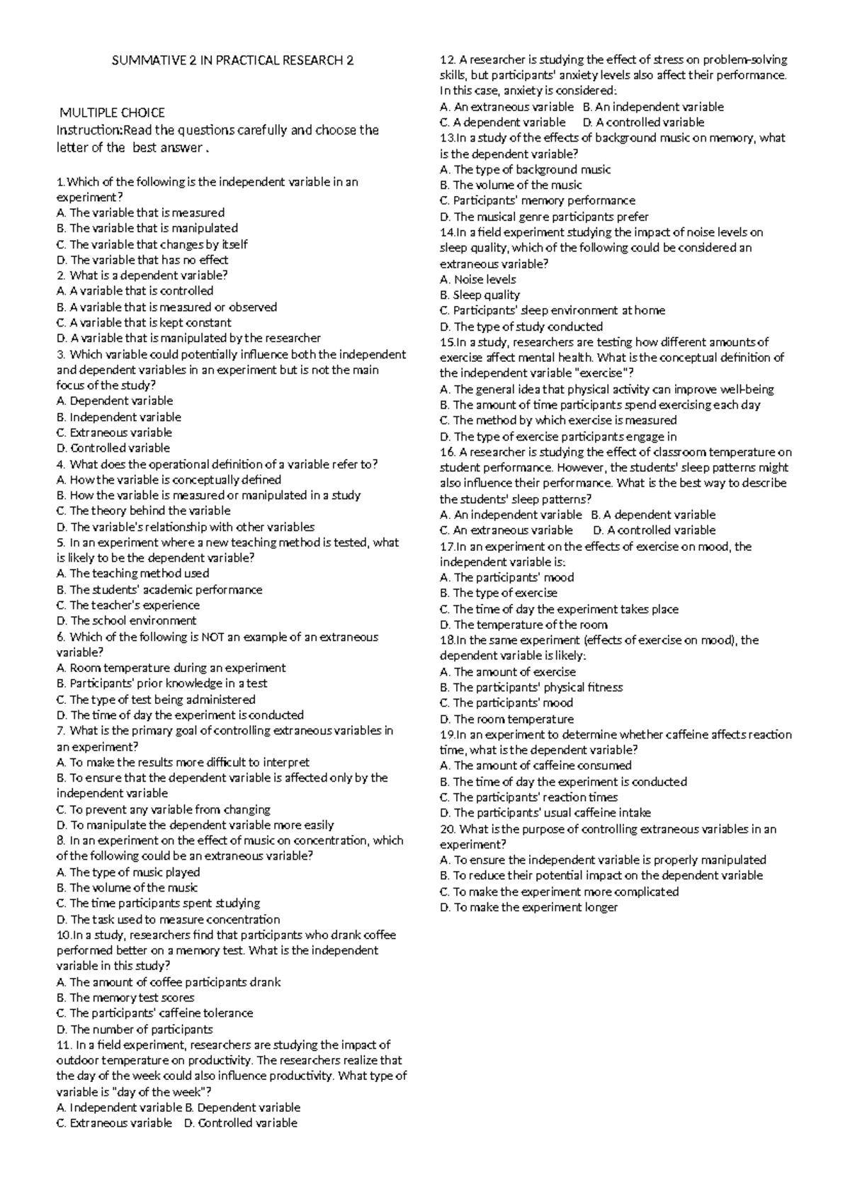 Summative 2 IN Practical Research 2 - SUMMATIVE 2 IN PRACTICAL RESEARCH ...