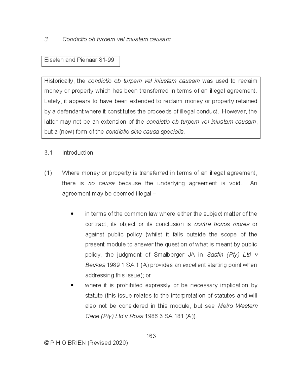 Part4(Condictiones Part B) - 3 Condictio ob turpem vel iniustam causam ...