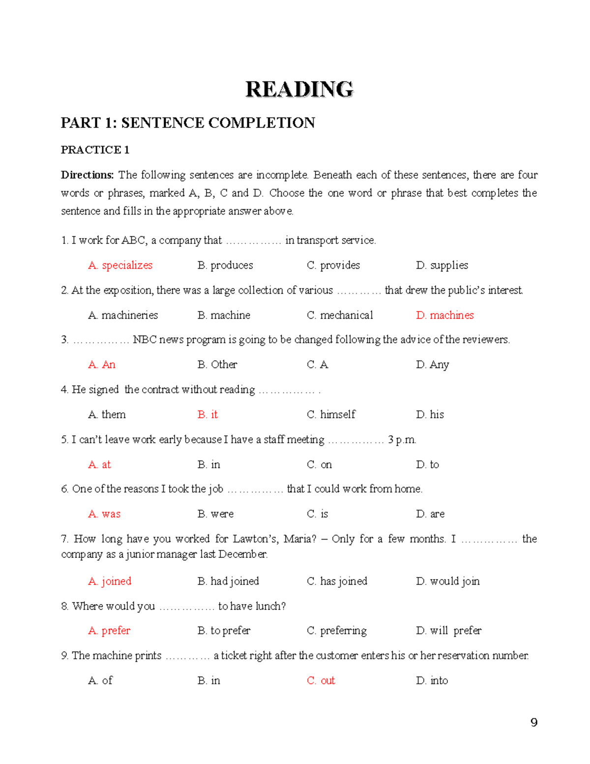 07.C. Sentence completion - READINGREADING PART 1: SENTENCE COMPLETION ...