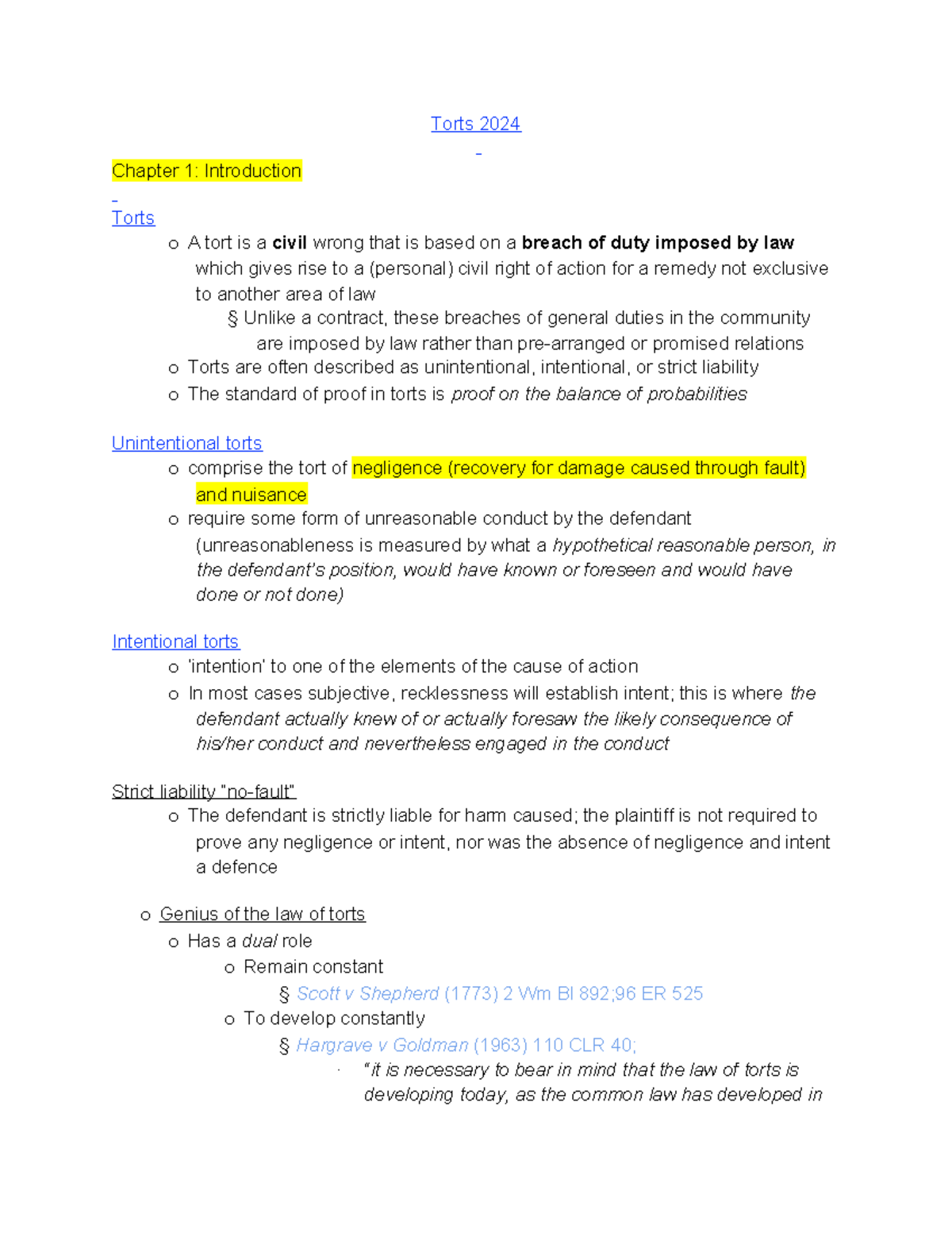 Torts 2024 - notes - Torts 2024 Chapter 1: Introduction Torts o A tort ...