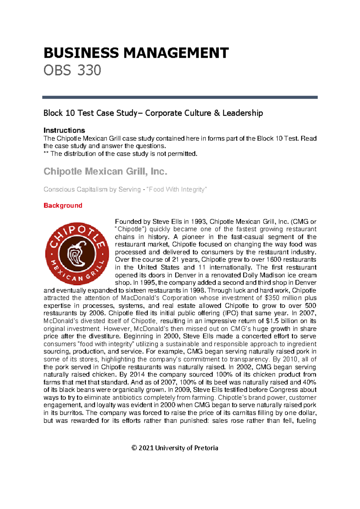 Block 10 test case study - BUSINESS MANAGEMENT OBS 330 Block 10 Test ...