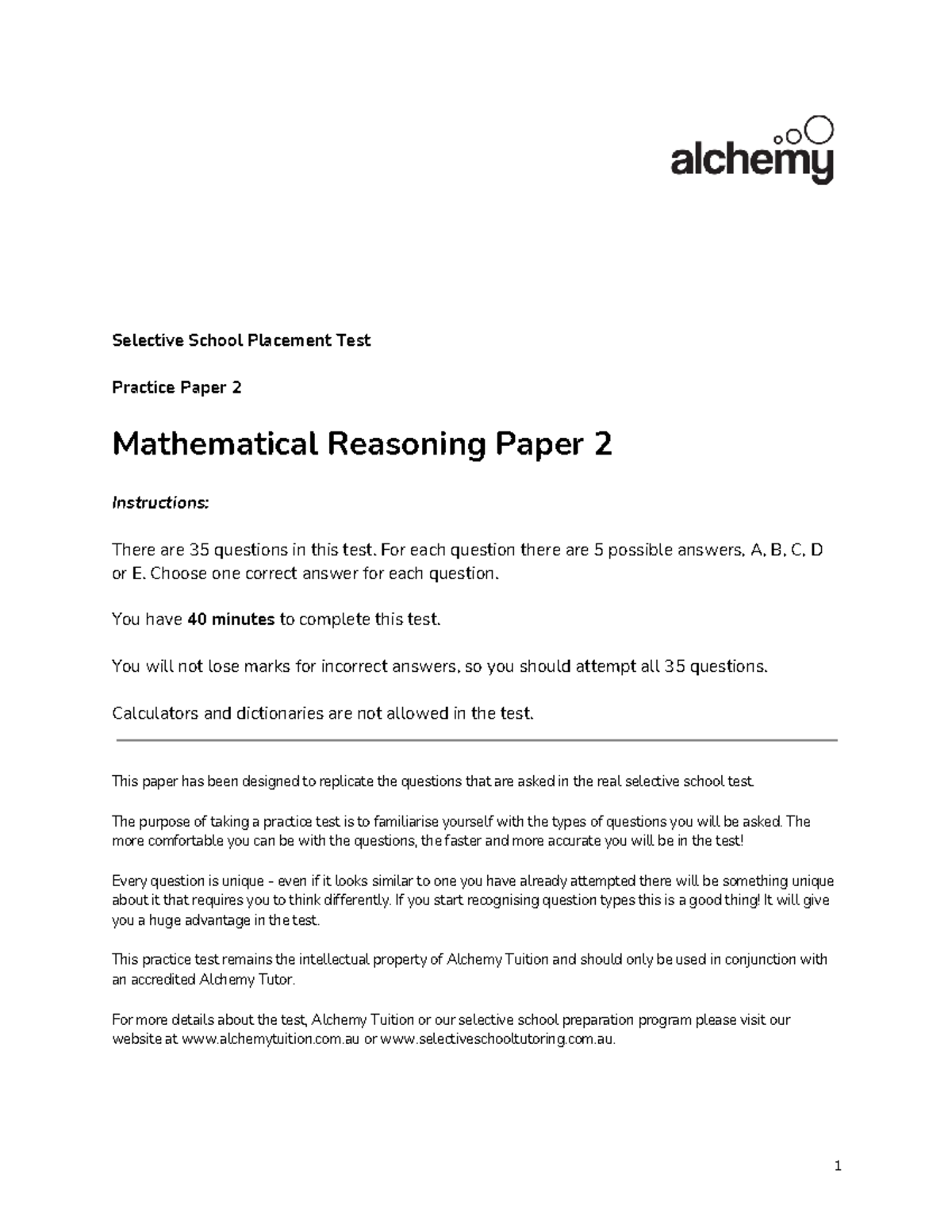 Mathematical Reasoning Paper 2 - For each question there are 5 possible ...
