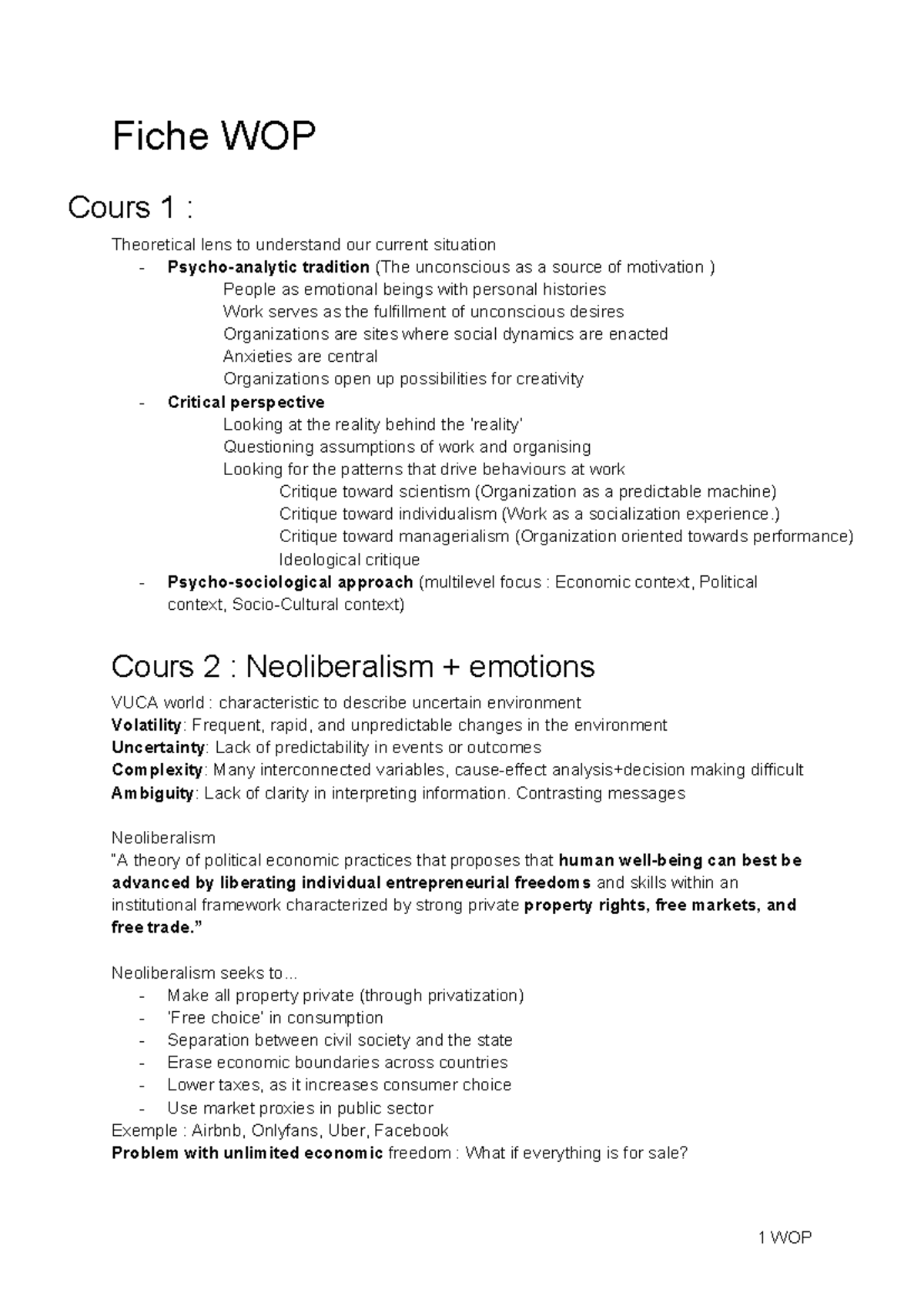 Fiche WOP - All the lessons to prepare the exam - Fiche WOP Cours 1 ...