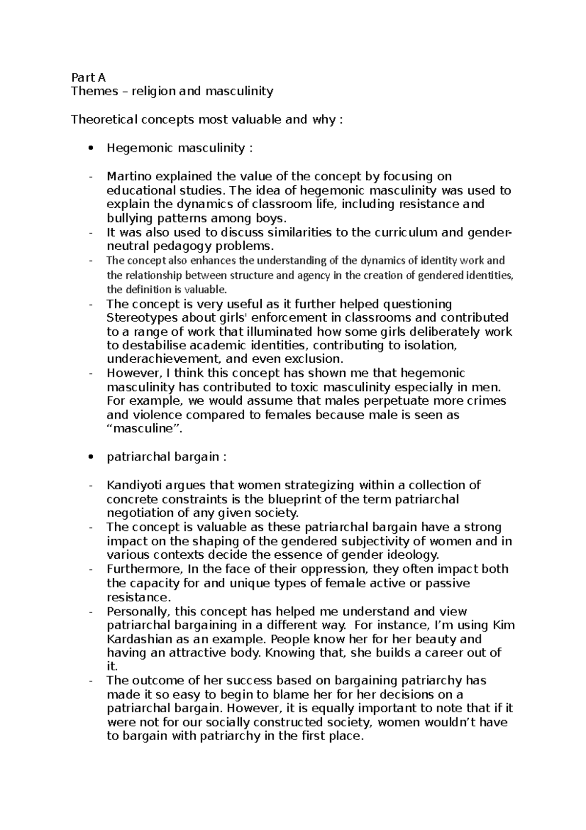 Exam Summary Lecture Notes Part A Themes Religion And Masculinity Theoretical Concepts