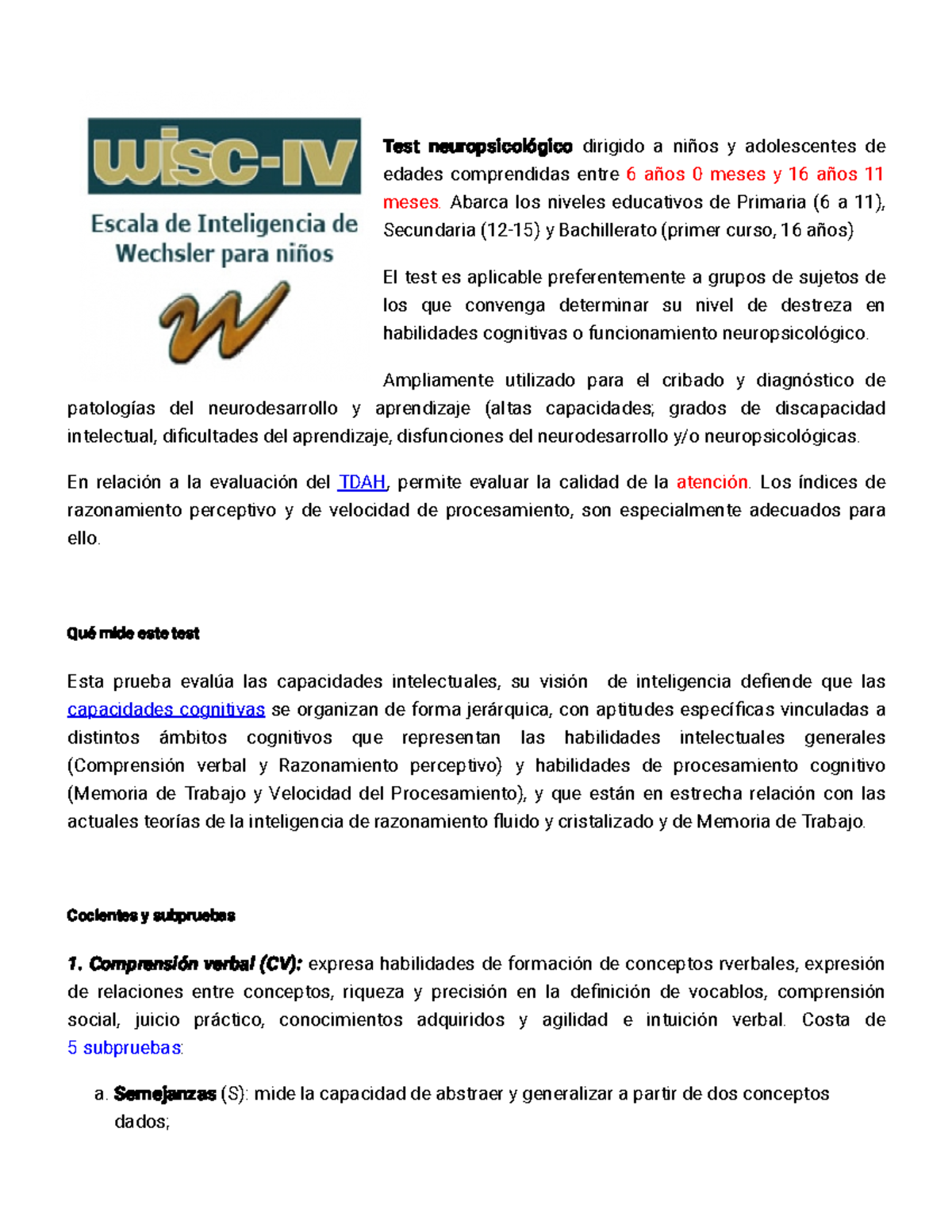 Escala de inteligencia de Wechsler para niños-IV (WISC-IV) - Test ...