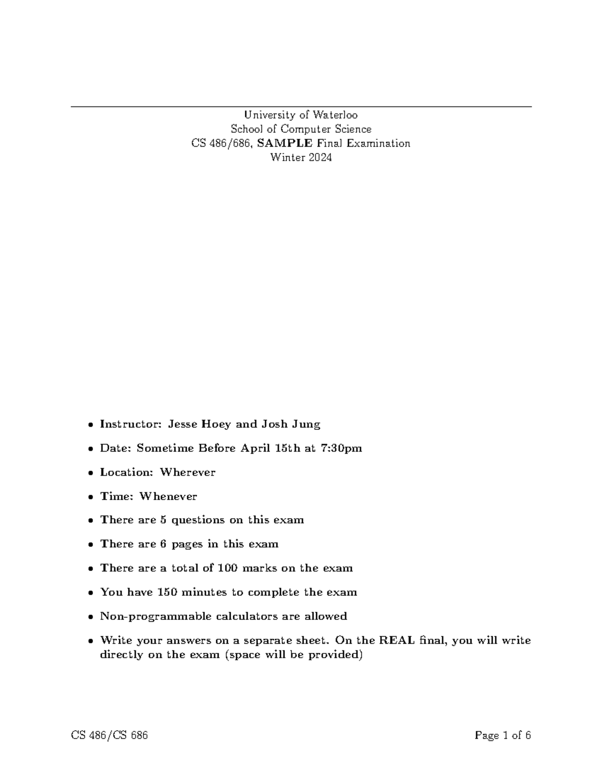 Sample-final 2024 - University of Waterloo School of Computer Science CS 486/686, SAMPLE Final ...