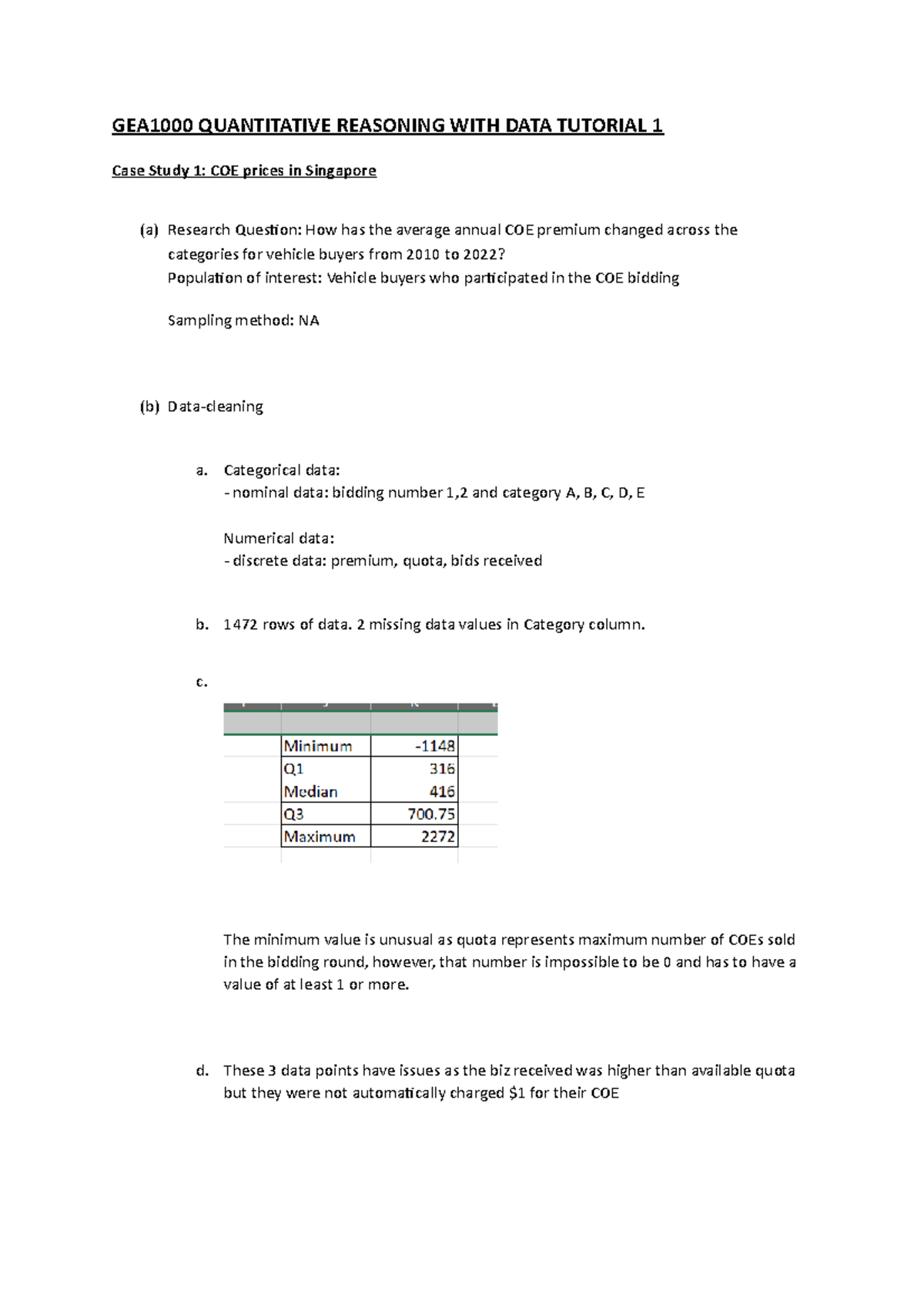 Tutorial 1 - GEA1000 QUANTITATIVE REASONING WITH DATA TUTORIAL 1 Case Study 1: COE prices in ...