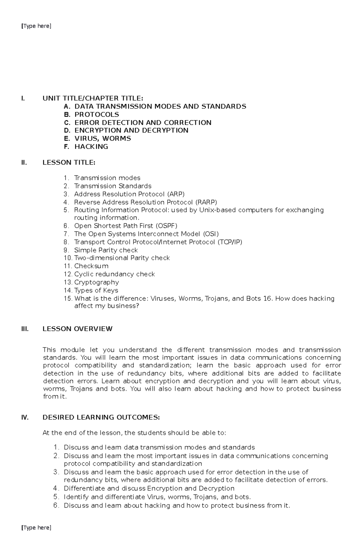 Module 5-Data Communications - I. UNIT TITLE/CHAPTER TITLE: A. DATA ...