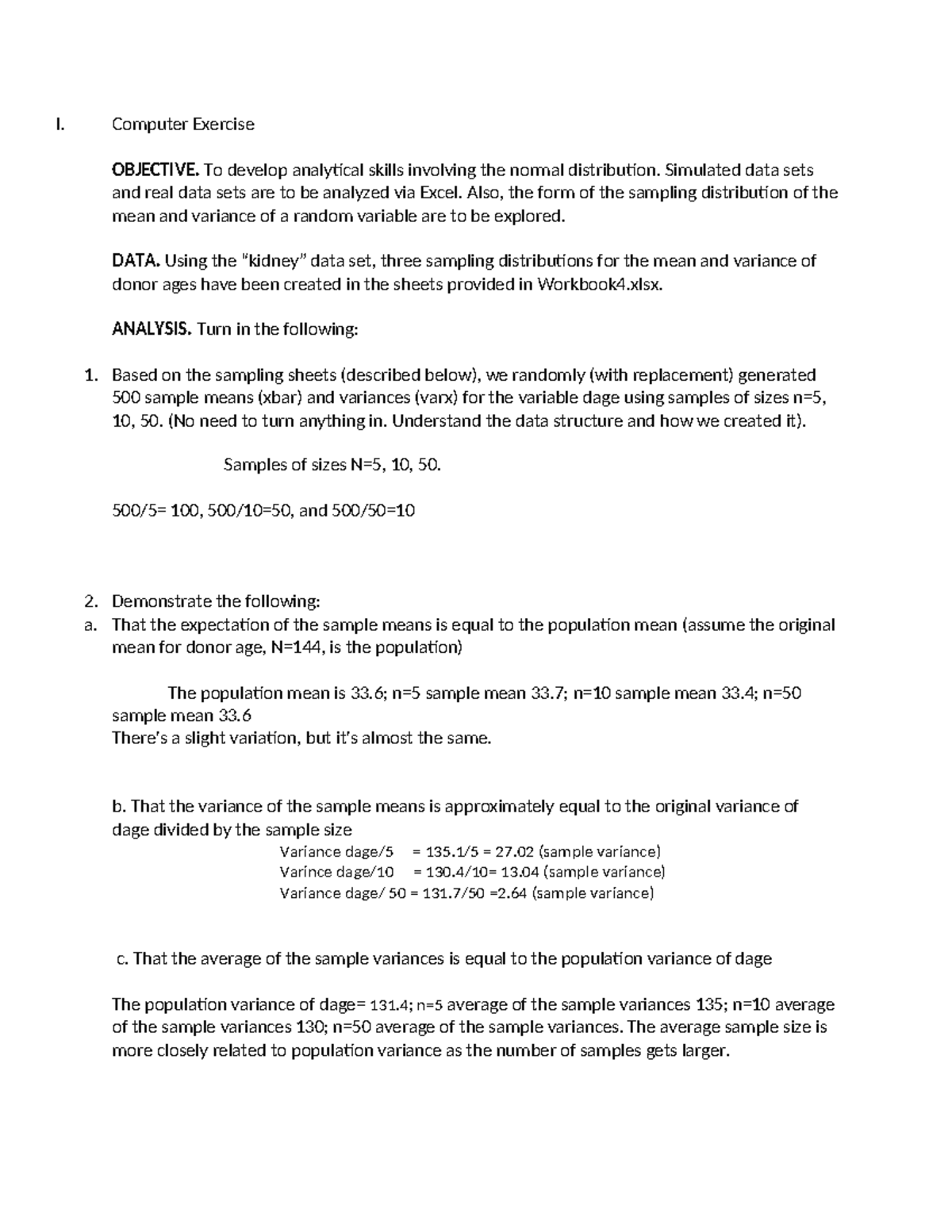 STAT lab4 (doc) - I. Computer Exercise OBJECTIVE. To develop analytical skills involving the ...