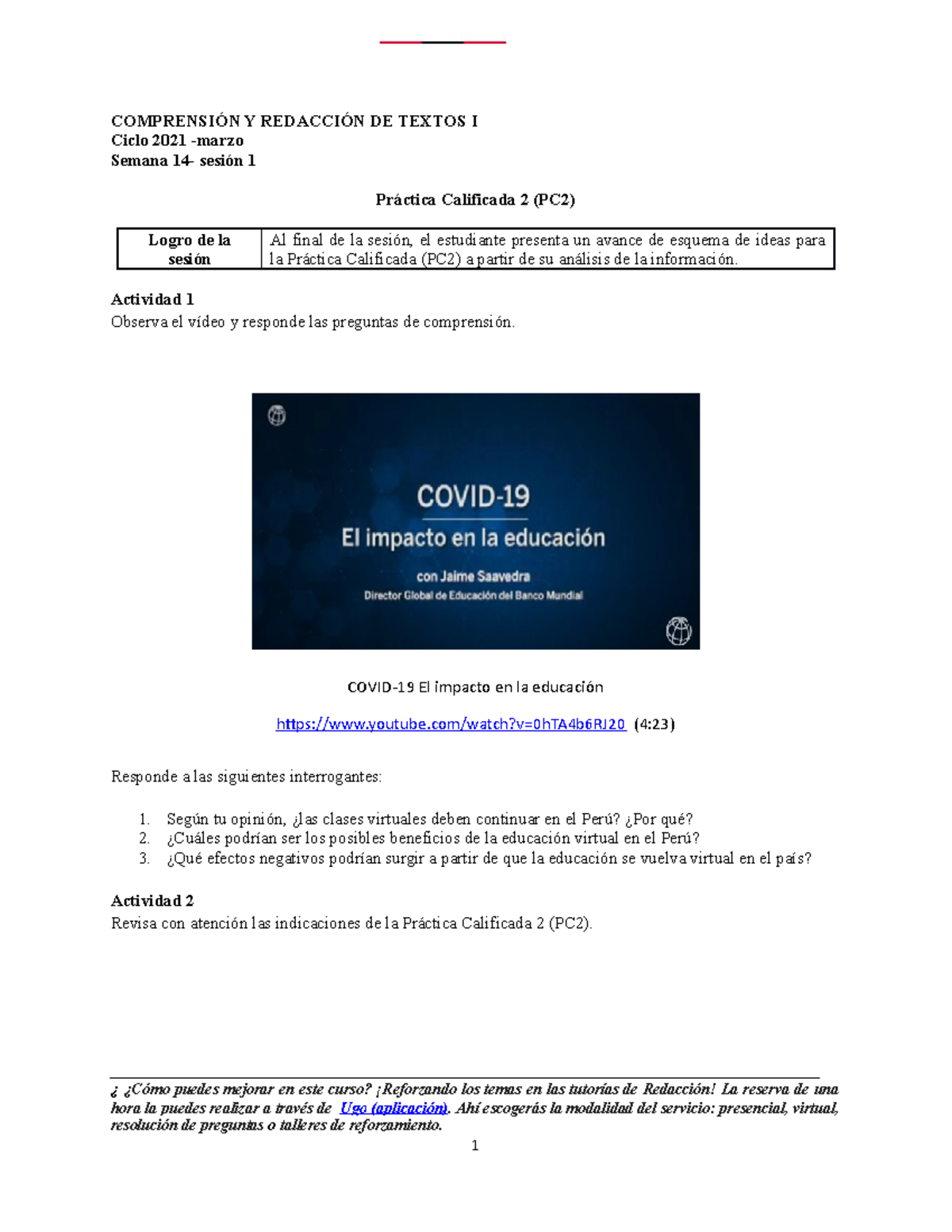 S14. s2 Preparación para la PC2 (material) - COMPRENSIÓN Y REDACCIÓN DE TEXTOS I Ciclo 2021 ...