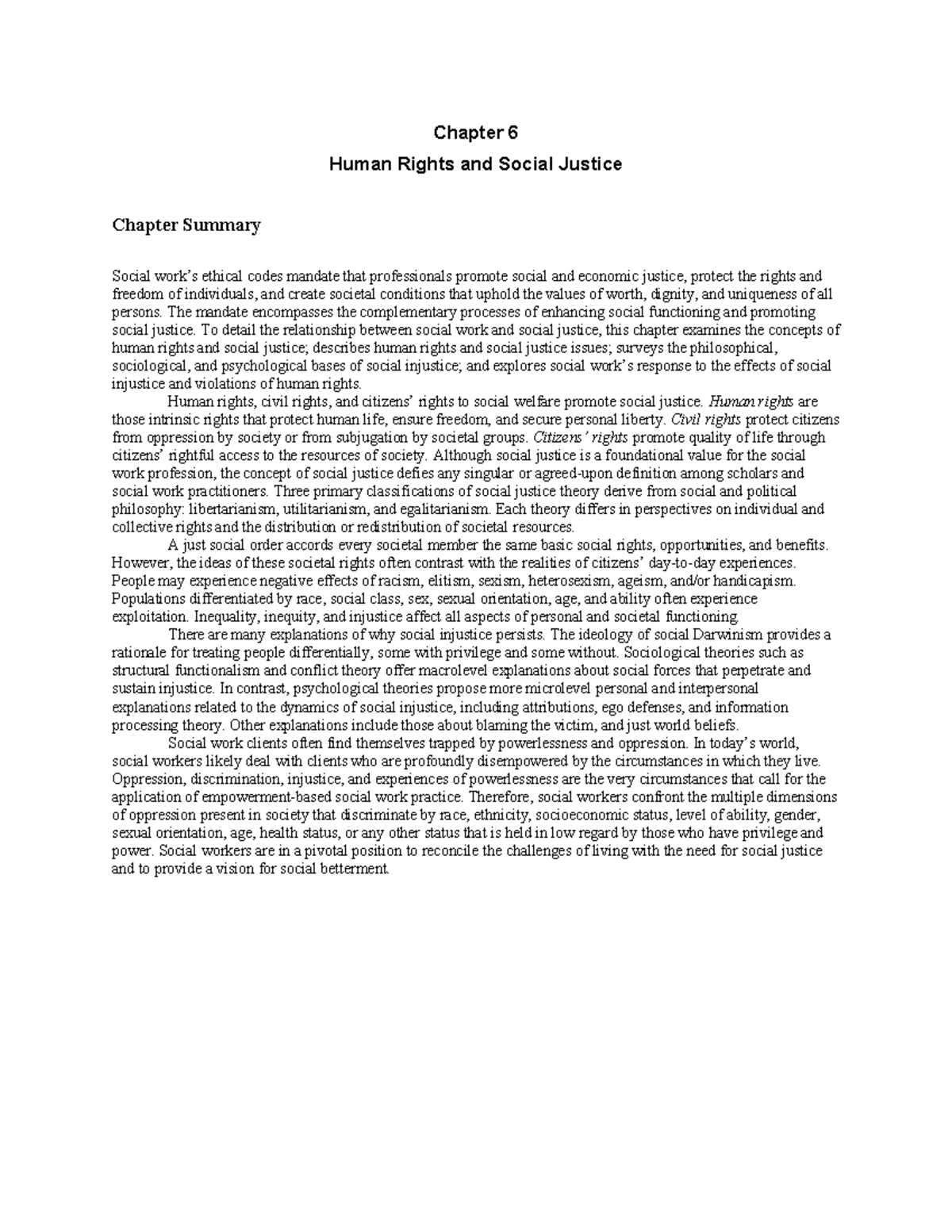 Chapter 6 summary - Chapter 6 Human Rights and Social Justice Chapter ...