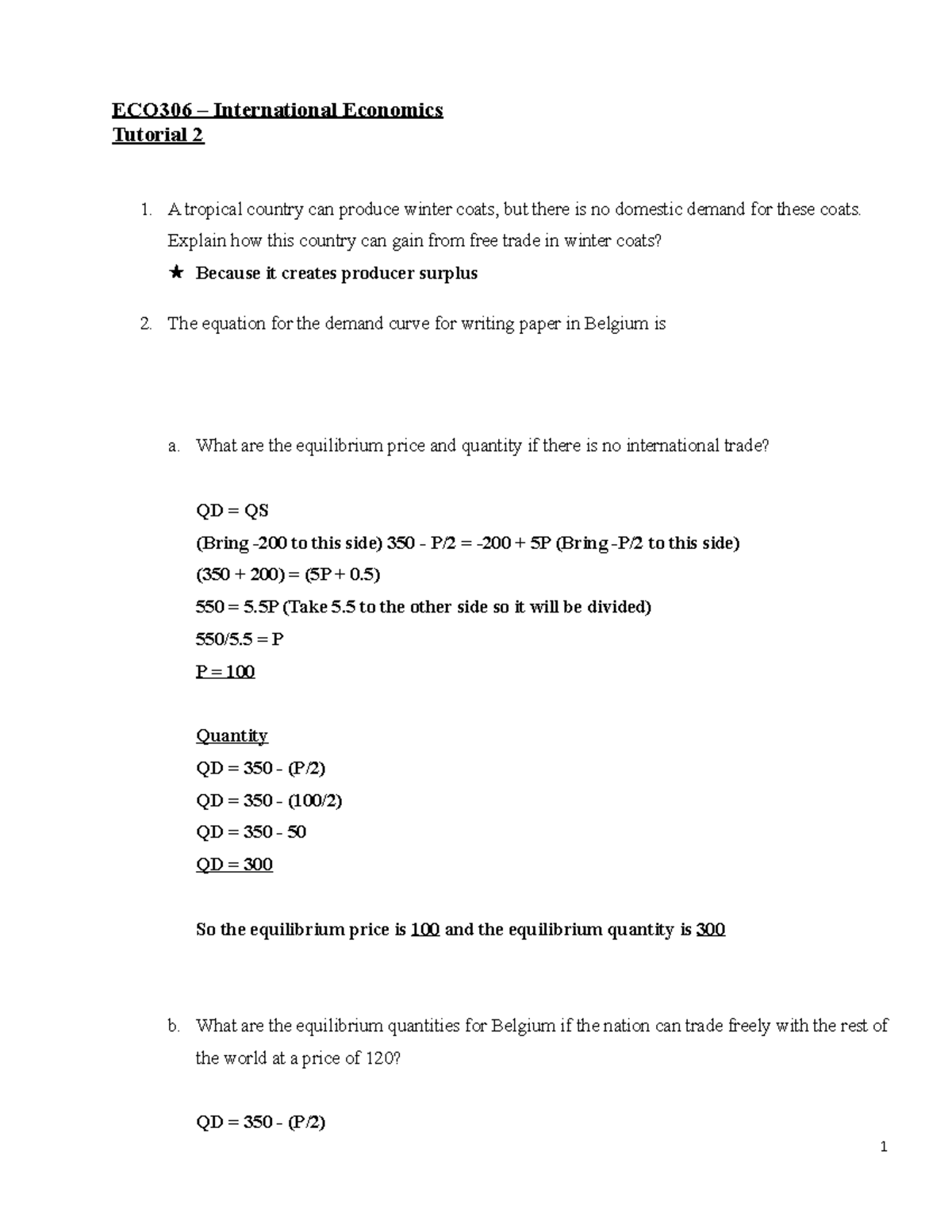 Tutorial 2 Answer - ECO306 – International Economics Tutorial 2 A ...