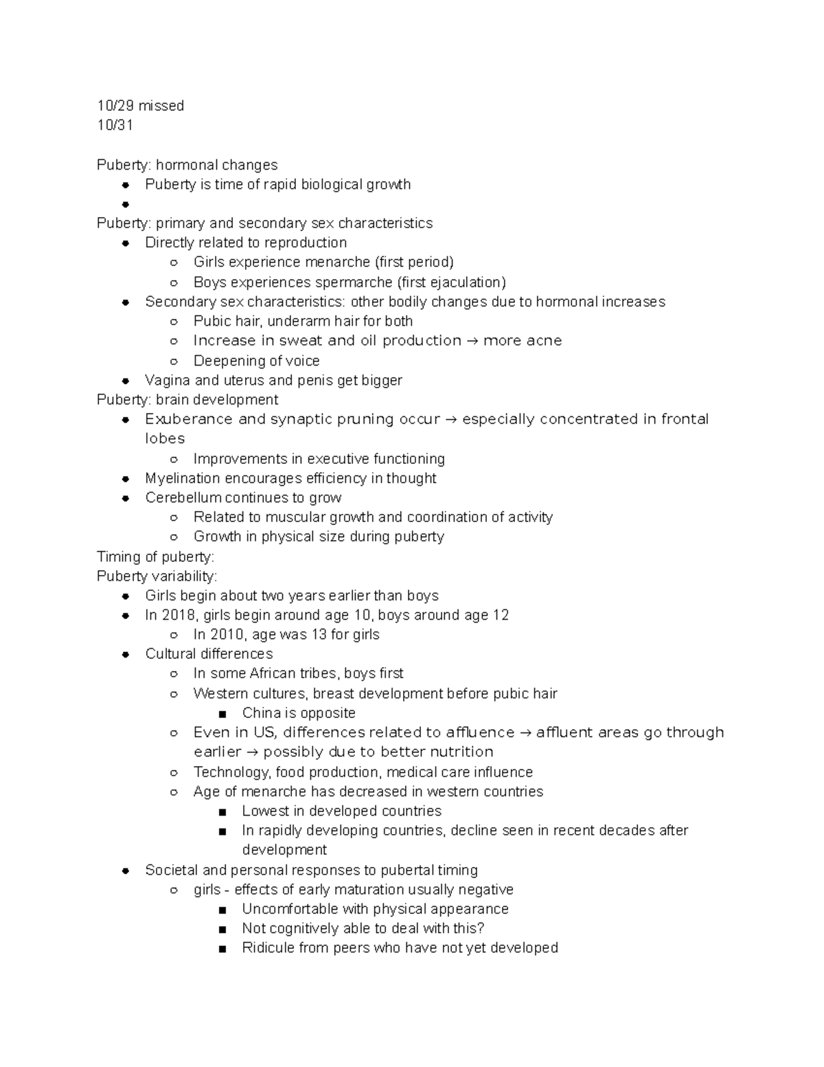 Developmental - Ch. 8 - Notes on chapter 8 - 10/29 missed 10/ Puberty ...