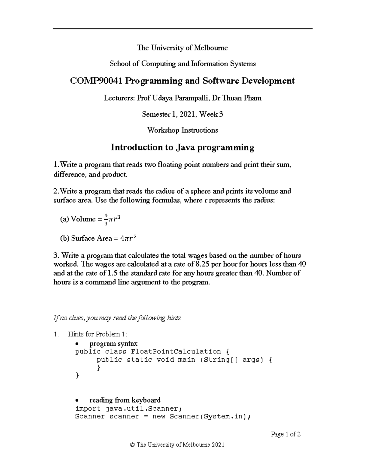 Programming and Software Development Java Lab Workshop 3 - Page 1 of 2 ...