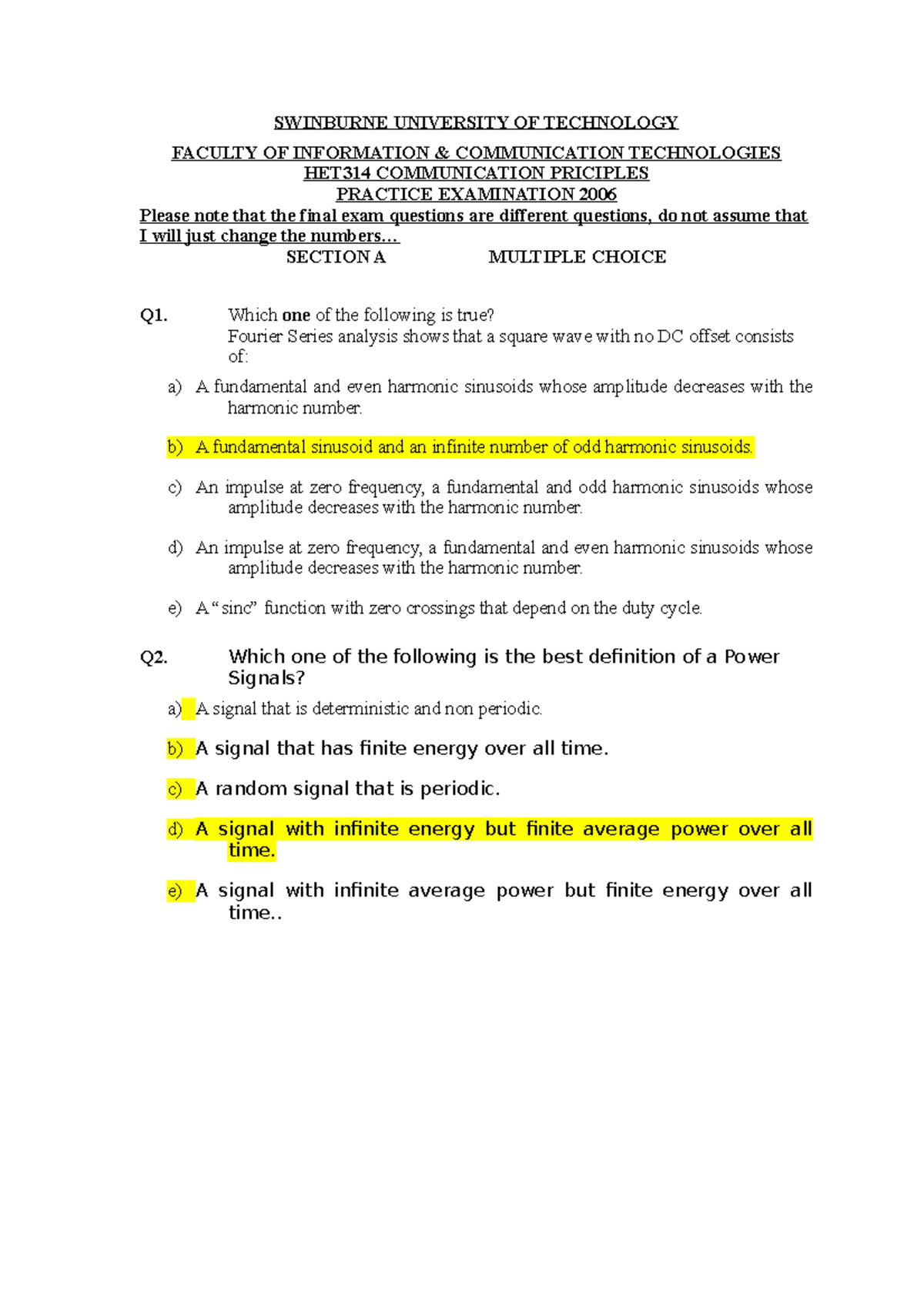 Practice Exam 2010, answers - SWINBURNE UNIVERSITY OF TECHNOLOGY ...