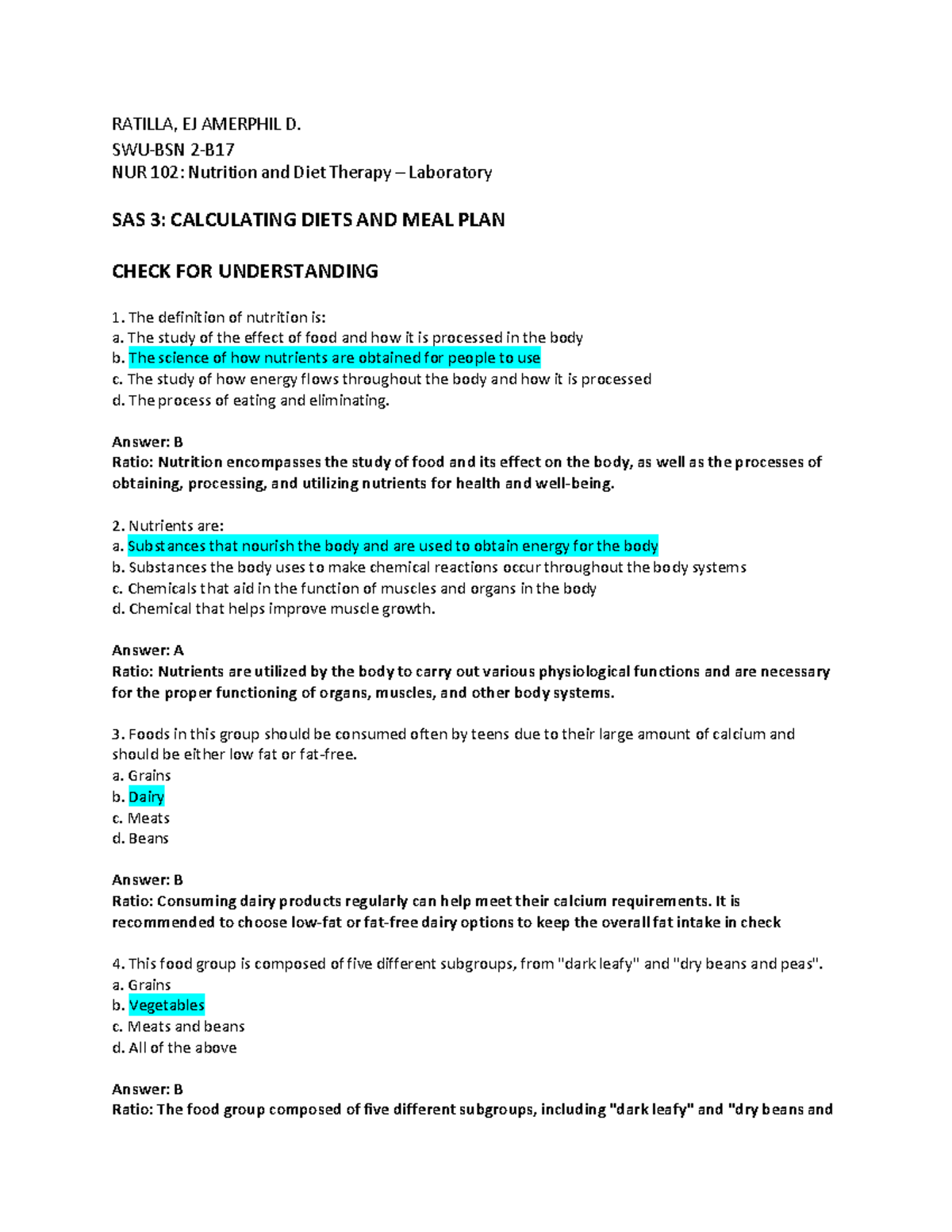 Ratilla SAS 3 LAB - notes - RATILLA, EJ AMERPHIL D. SWU-BSN 2-B1 7 NUR ...