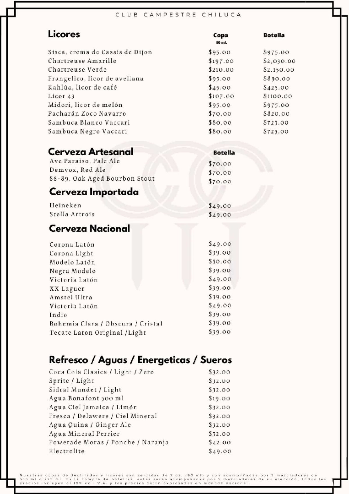 Carta de bebidas - CLUB CAMPESTRE CHILUCA Licores Copa Botella 60ml ...