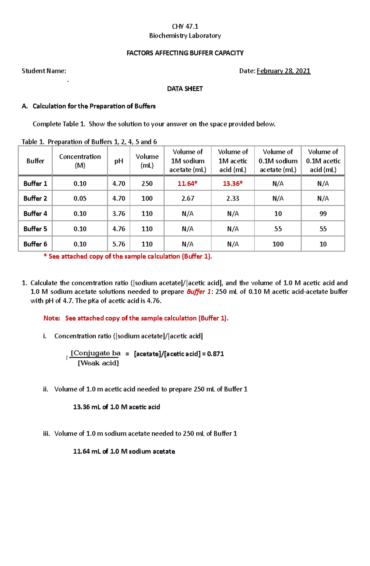 Factors Affecting Buffer Capacity Chy 47 Biochemistry Laboratory Factors Affecting Buffer