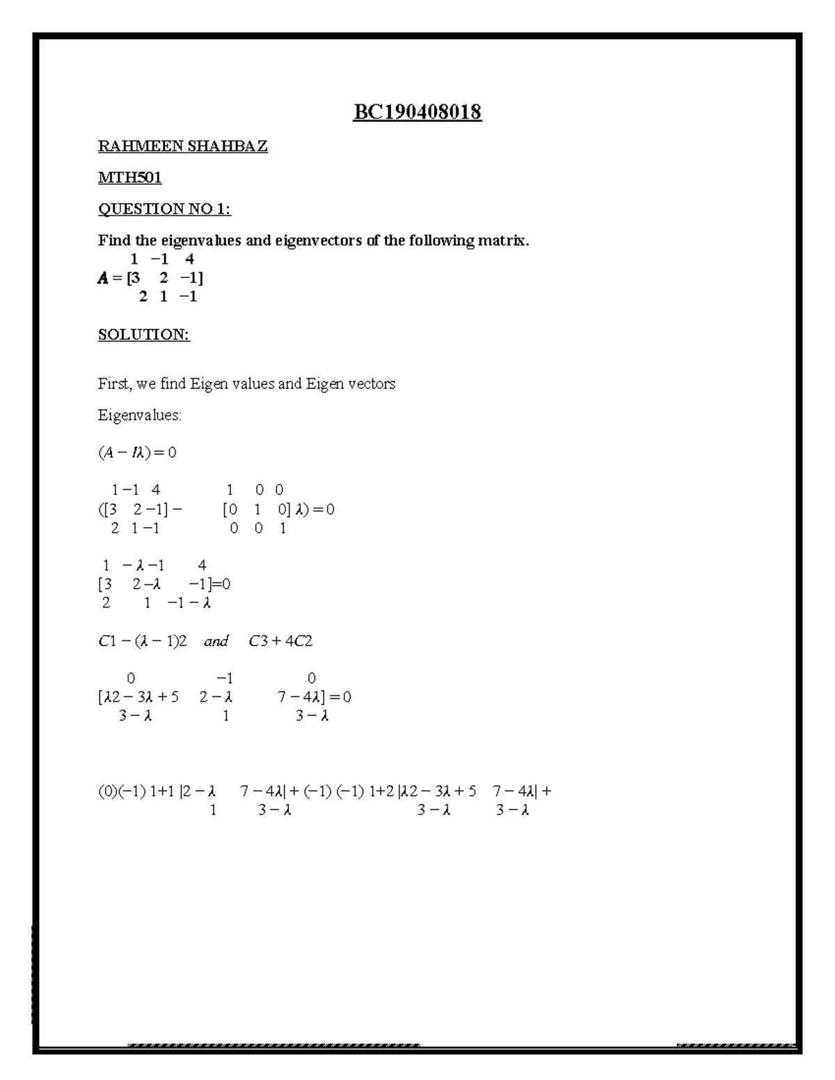 mth501 assignment - BC RAHMEEN SHAHBAZ MTH QUESTION NO 1: Find the ...