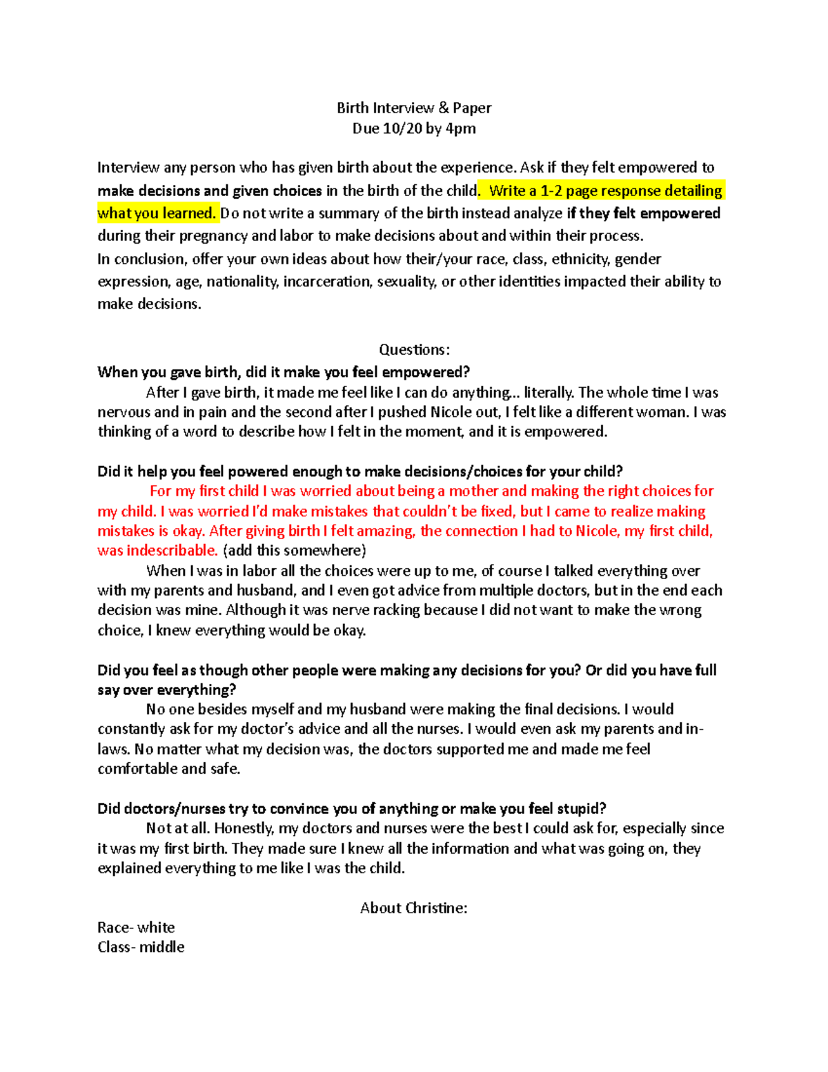 WS115- Birth Interview - Birth Interview & Paper Due 10/20 by 4pm ...