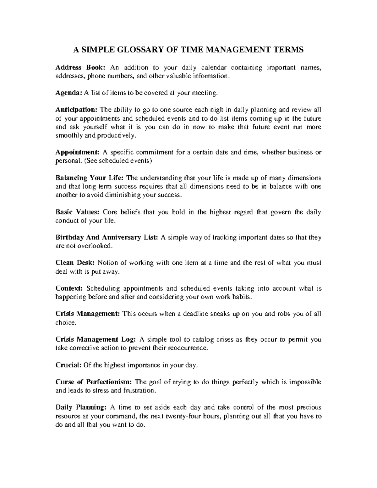Glossary OF TIME Management Terms - A SIMPLE GLOSSARY OF TIME ...