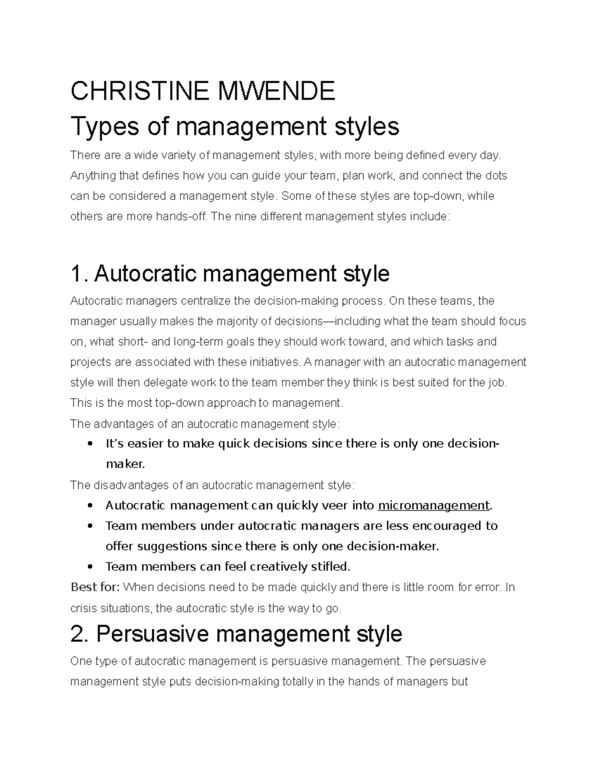 Types of management styles - CHRISTINE MWENDE Types of management ...