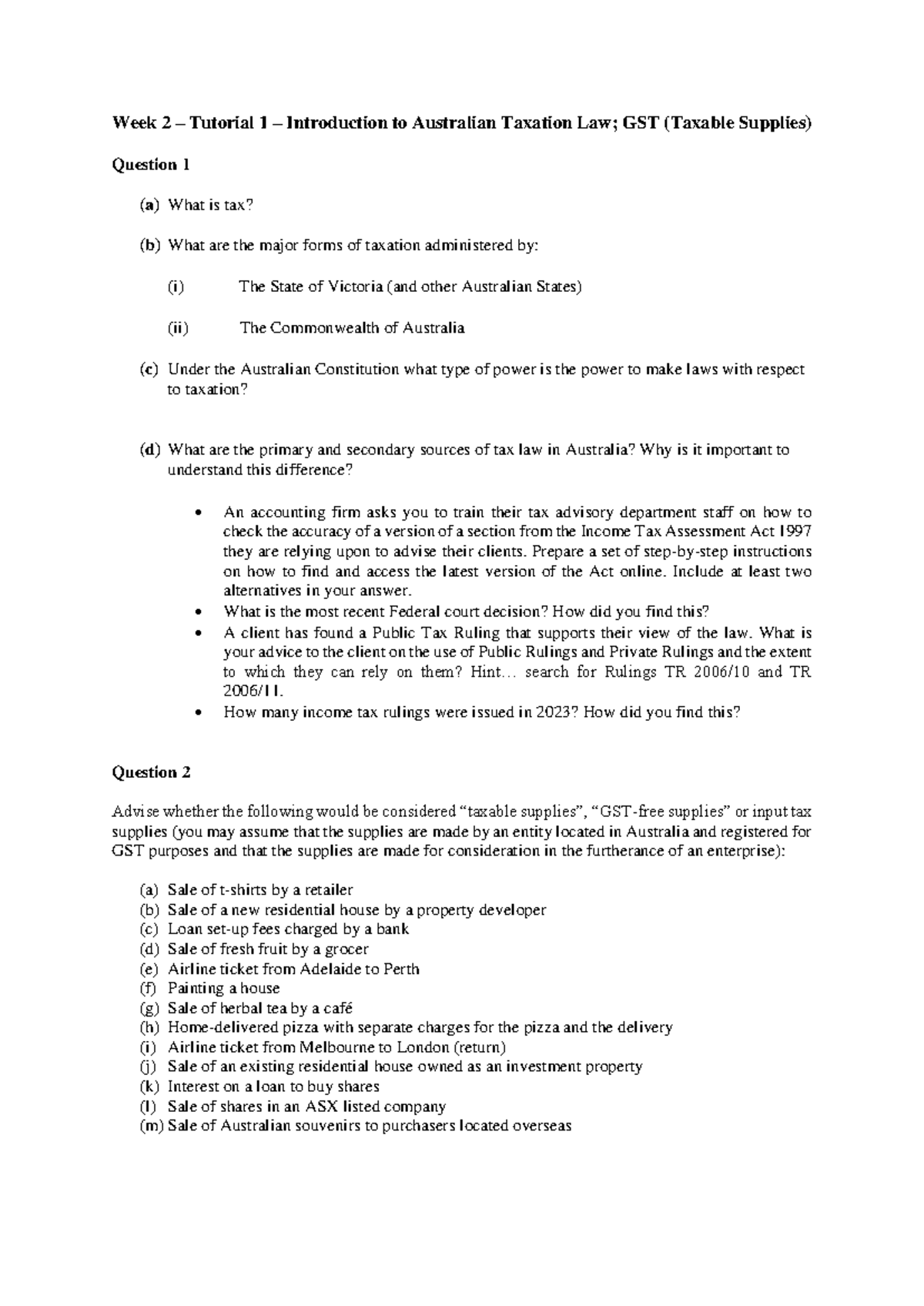 Tutorial 1 questions - n/a - Week 2 – Tutorial 1 – Introduction to ...