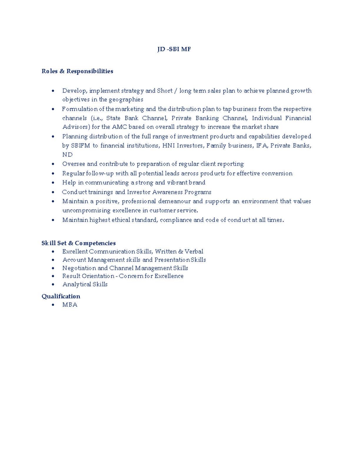 JD SBI MF - xyz - JD -SBI MF Roles & Responsibilities Develop ...