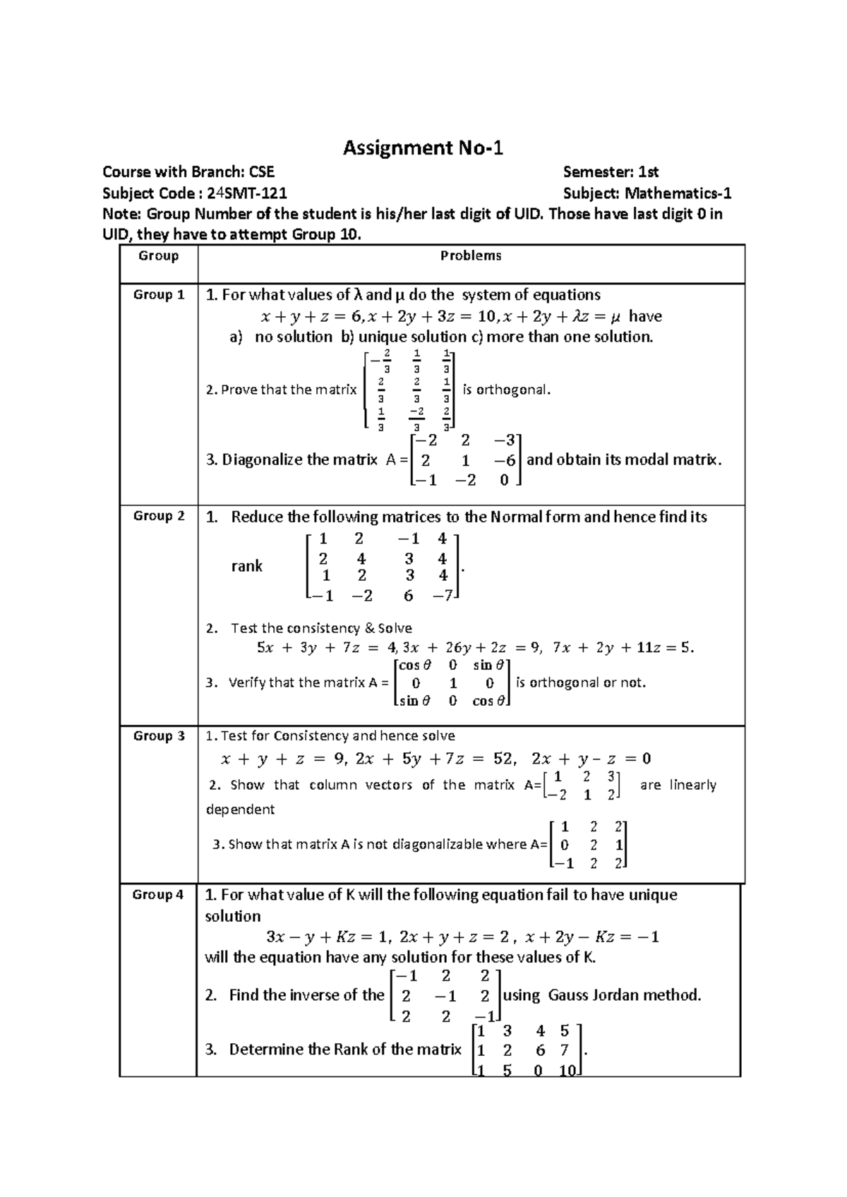 Maths Assignment 1 - Assignment No- Course with Branch: CSE Semester ...