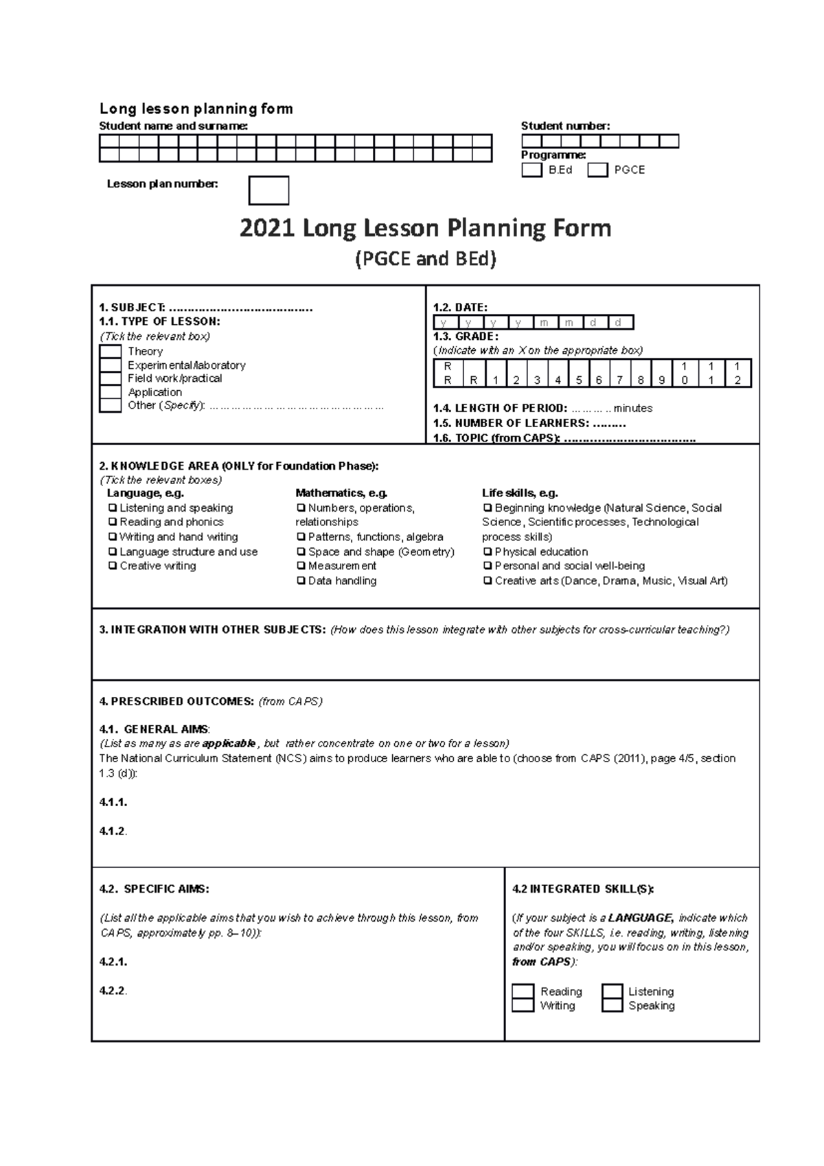 2021 TUKS Long Lesson planning form BEd and PGCE - Long lesson planning ...