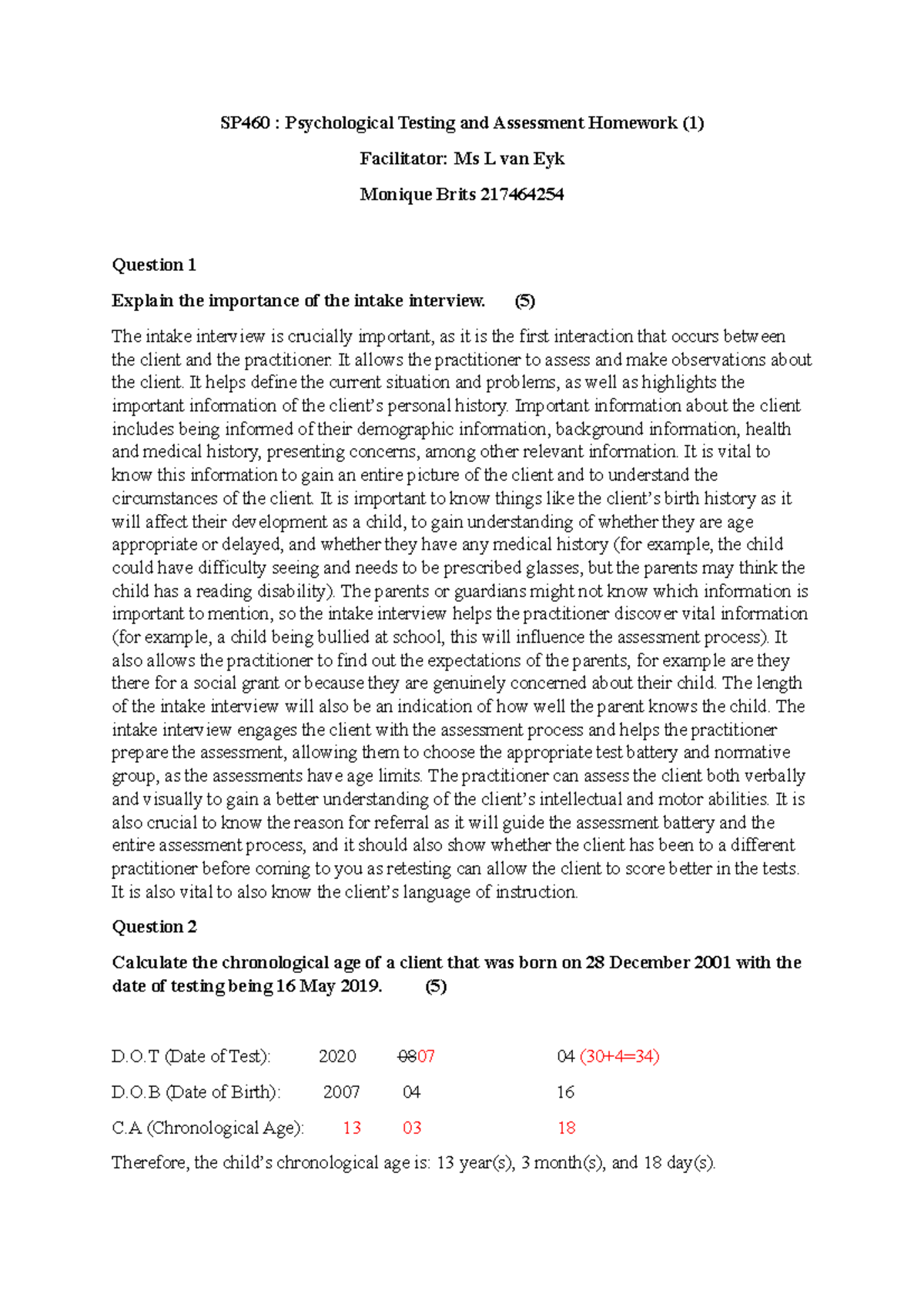 SP460 - Tutorial activities - SP460 : Psychological Testing and ...