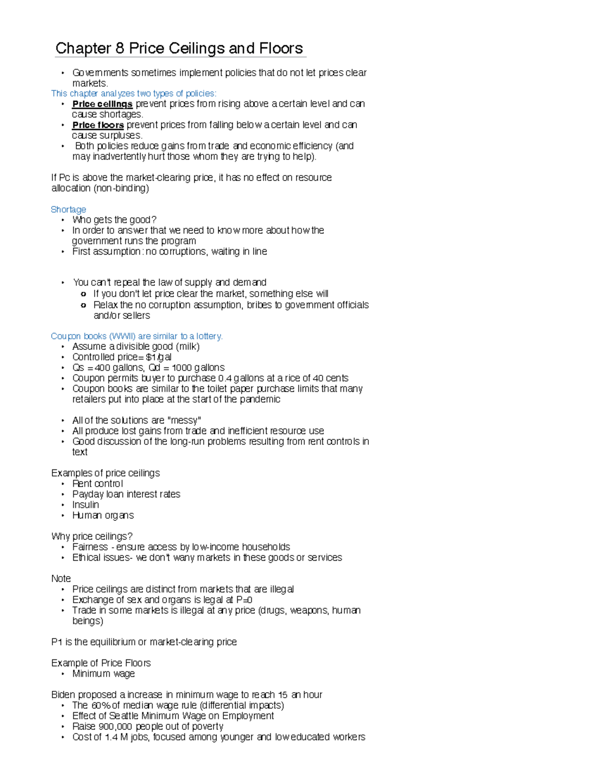 Chapter Eight ECON - Chapter 8 Price Ceilings and Floors Governments ...