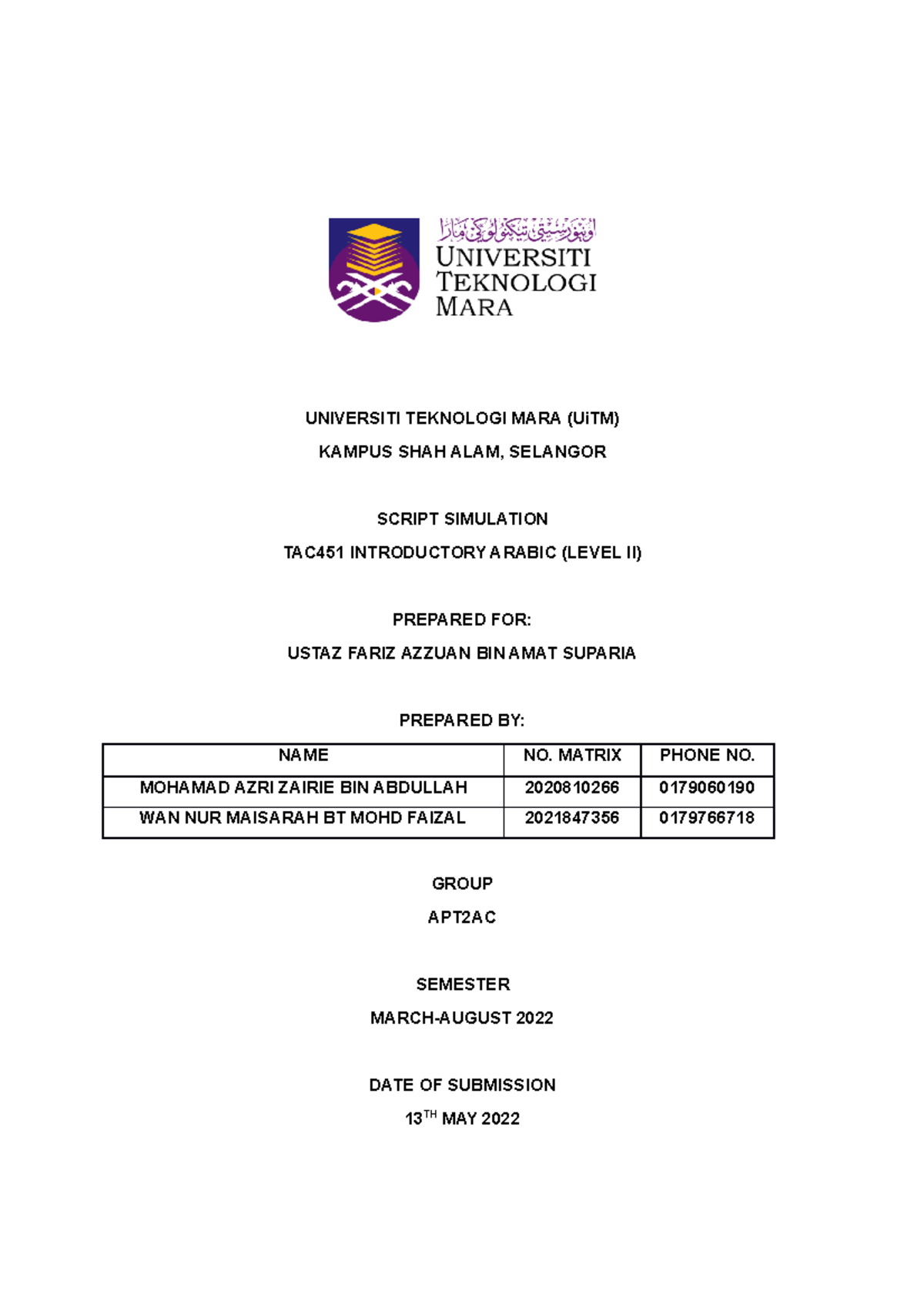 Skrip roleplay correction - UNIVERSITI TEKNOLOGI MARA (UiTM) KAMPUS ...