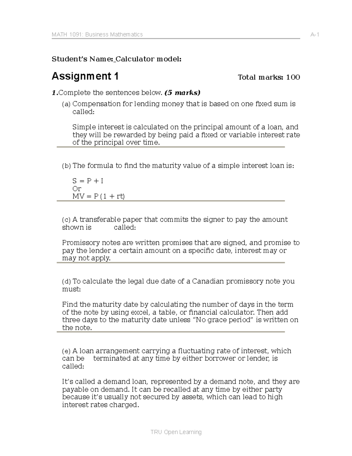 MATH1091 ]1 - comm 355 - MATH 1091: Business Mathematics A- Student’s ...