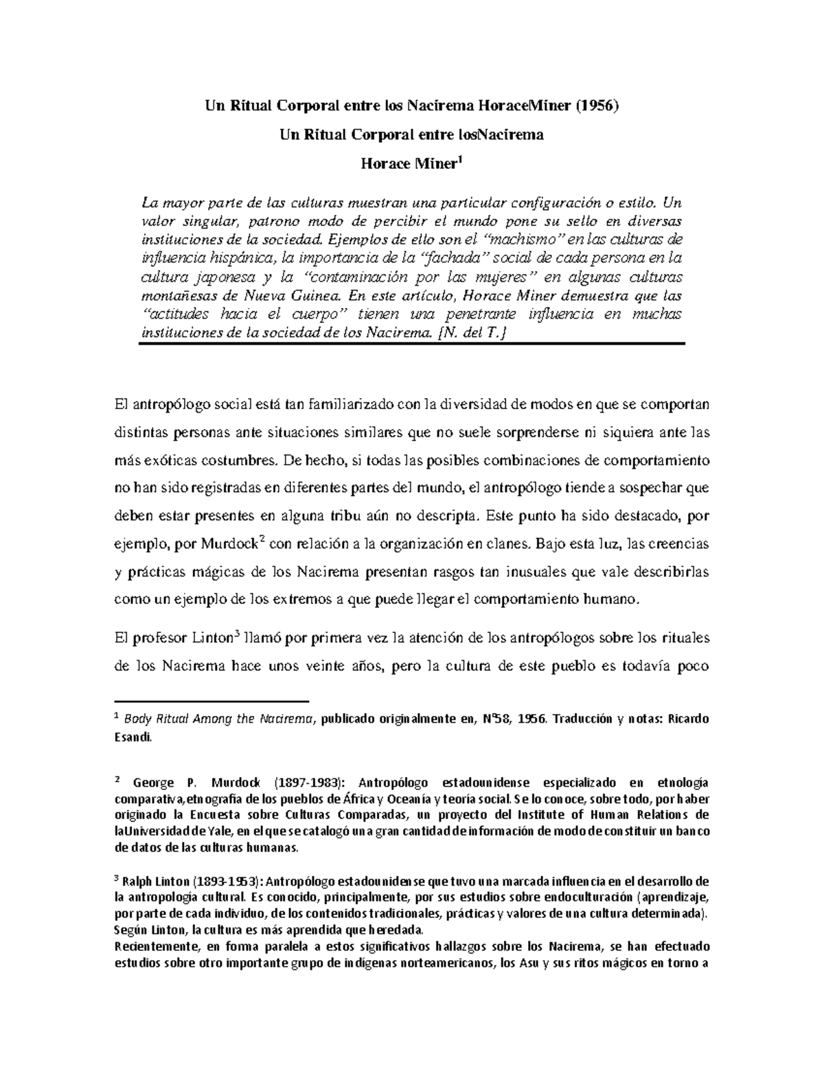 Nacirema - Miner - Un Ritual Corporal entre los Nacirema HoraceMiner ...