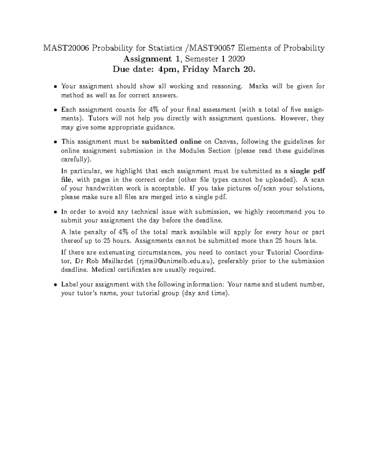 Hwk1-2020 - Assignment 1 - MAST20006 Probability for Statistics ...