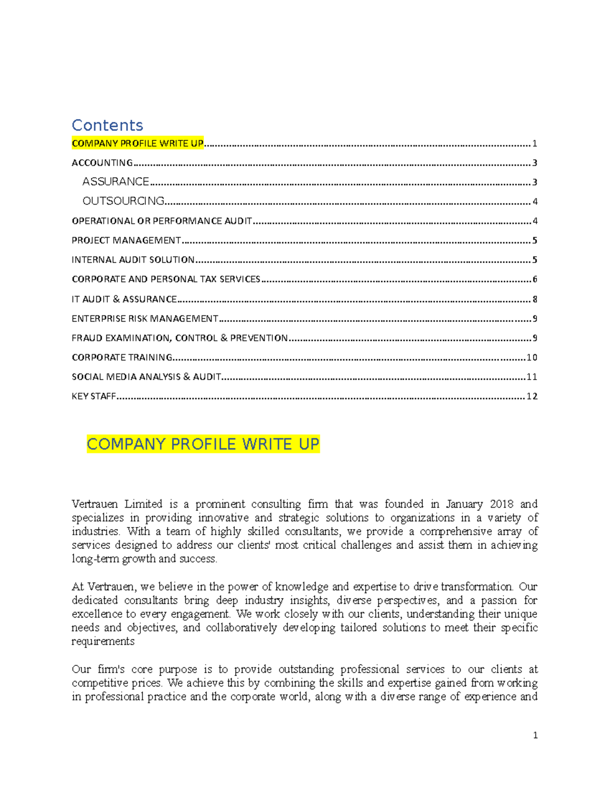 Profile new write up - Contents COMPANY PROFILE WRITE - Studocu