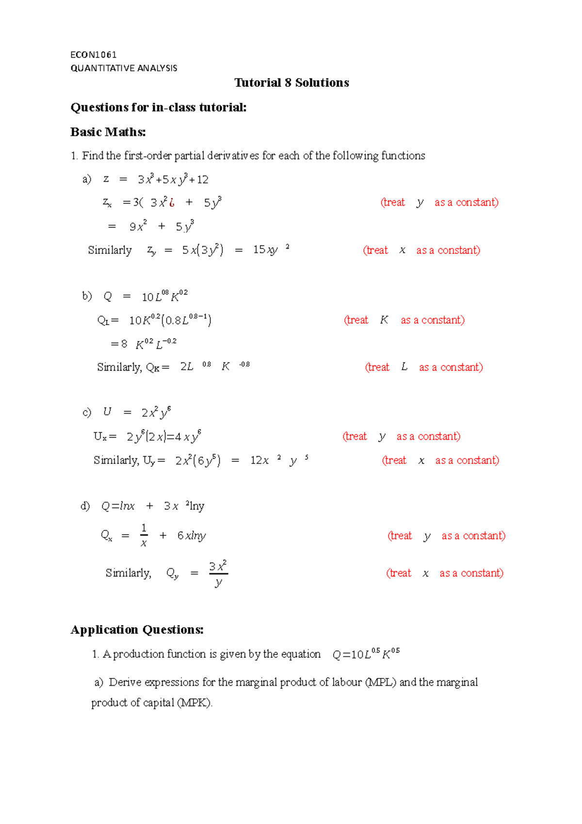 Tutorial 8 Solutions - ECON1061 QUANTITATIVE ANALYSIS Tutorial 8 Solutions Questions for in ...