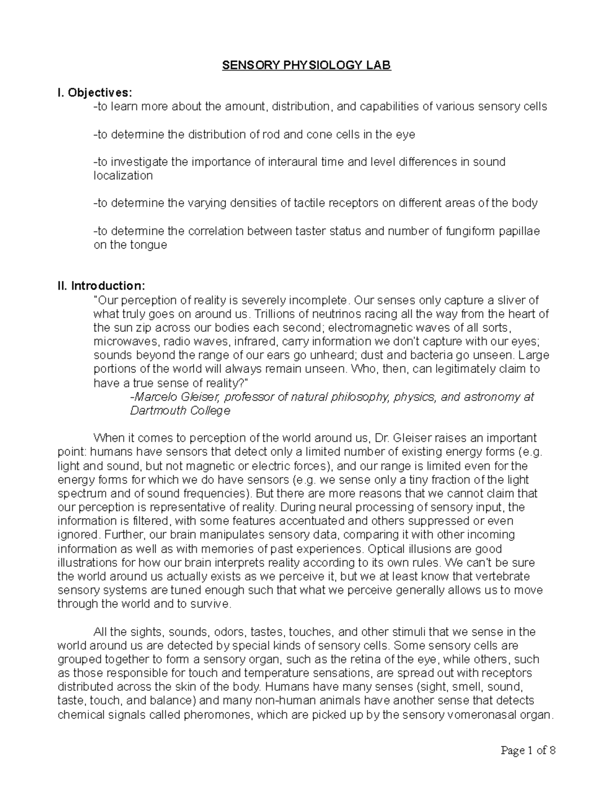 Sensory Lab - rrrr - SENSORY PHYSIOLOGY LAB I. Objectives: -to learn ...