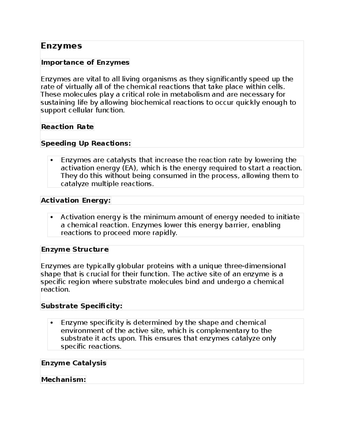 Enzymes summary - Enzymes Importance of Enzymes Enzymes are vital to ...